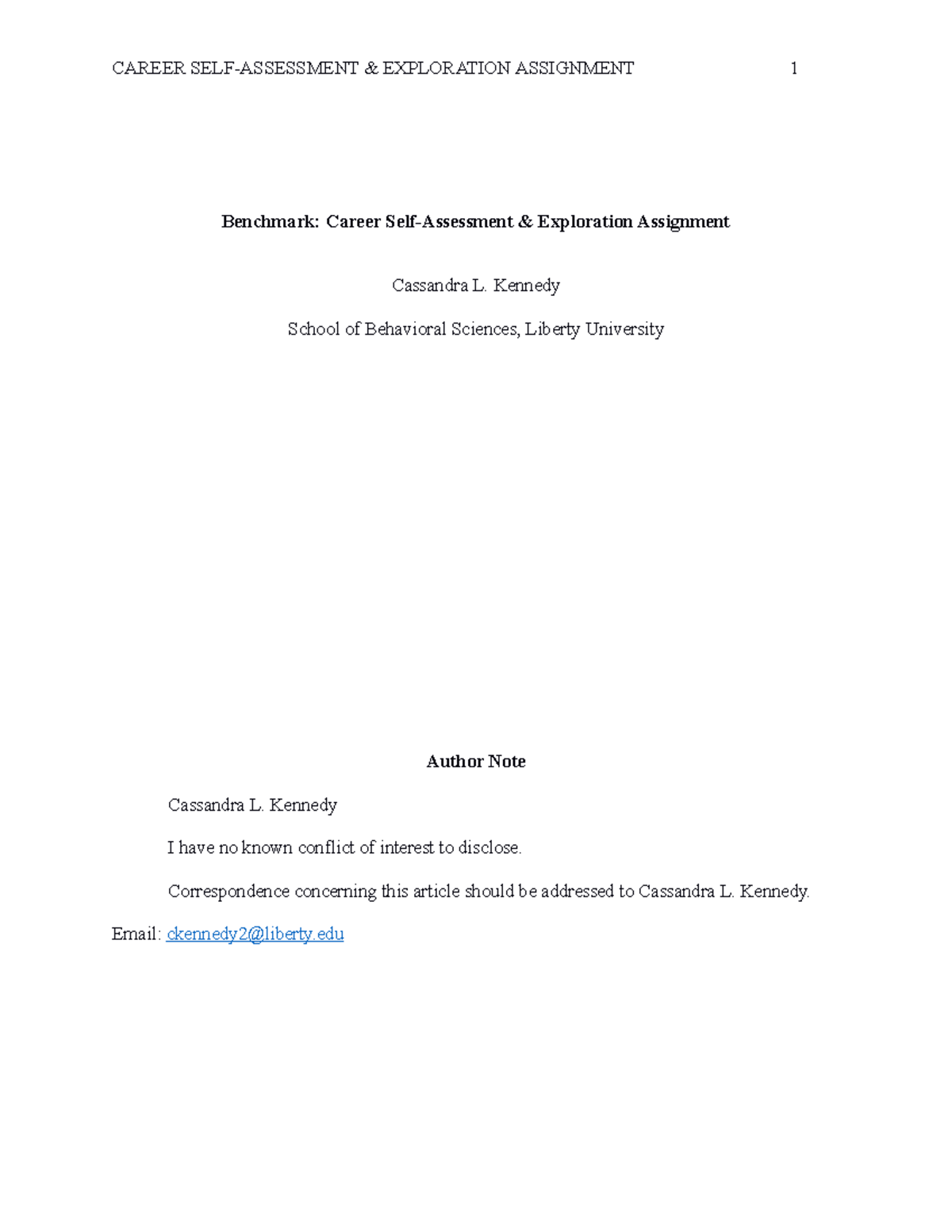 Career Self-Assessment Paper - Benchmark: Career Self-Assessment ...