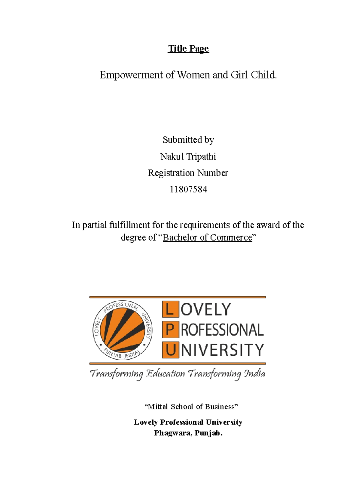 Empowerment of Women - Assignment - Title Page Empowerment of Women and ...