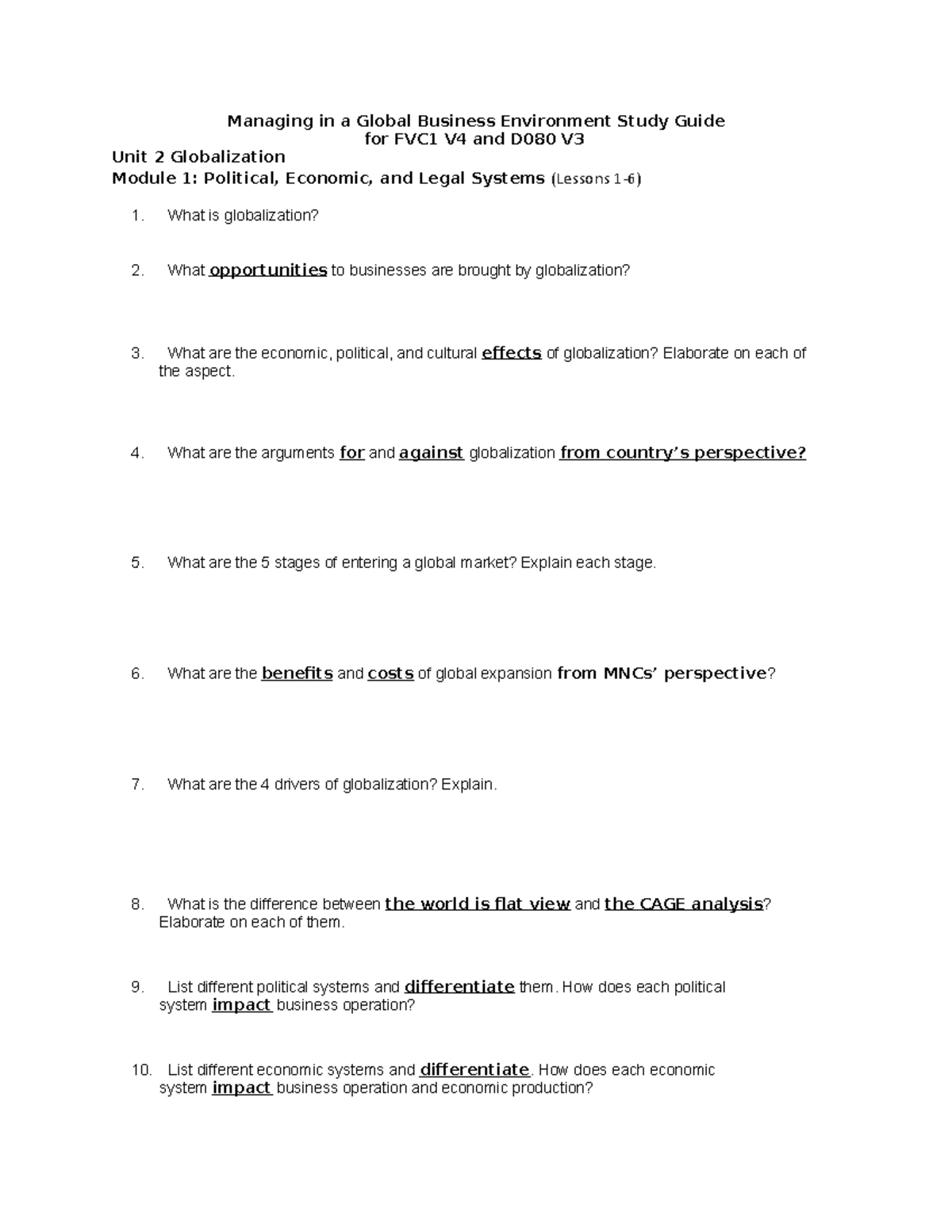 D080 Study Guide - Managing in a Global Business Environment Study ...