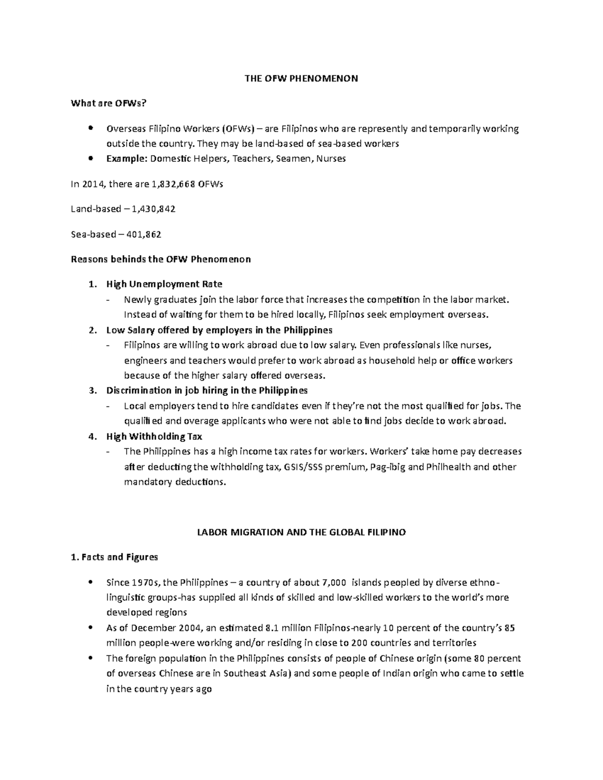 THE OFW Phenomenon Notes - THE OFW PHENOMENON What are OFWs? Overseas ...