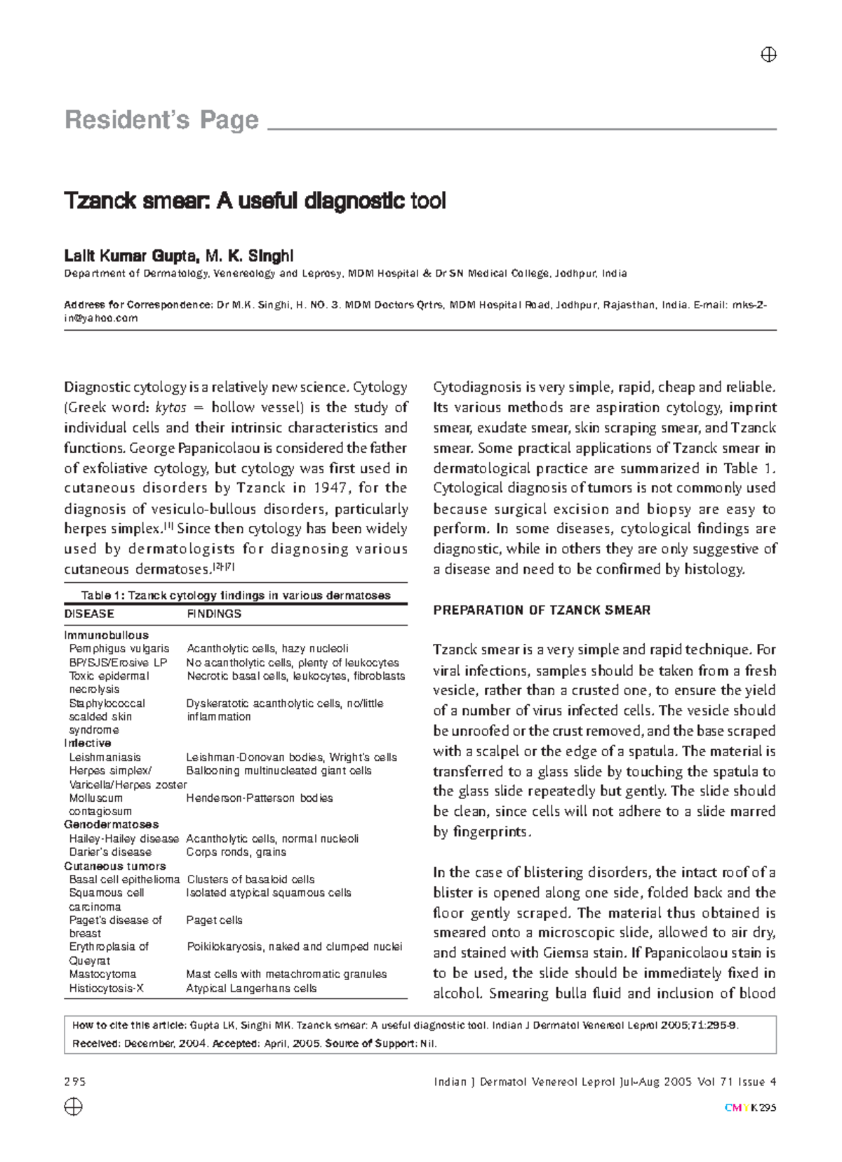 Tzanck smear A useful diagnostic tool - 2 9 5 Indian J Dermatol ...