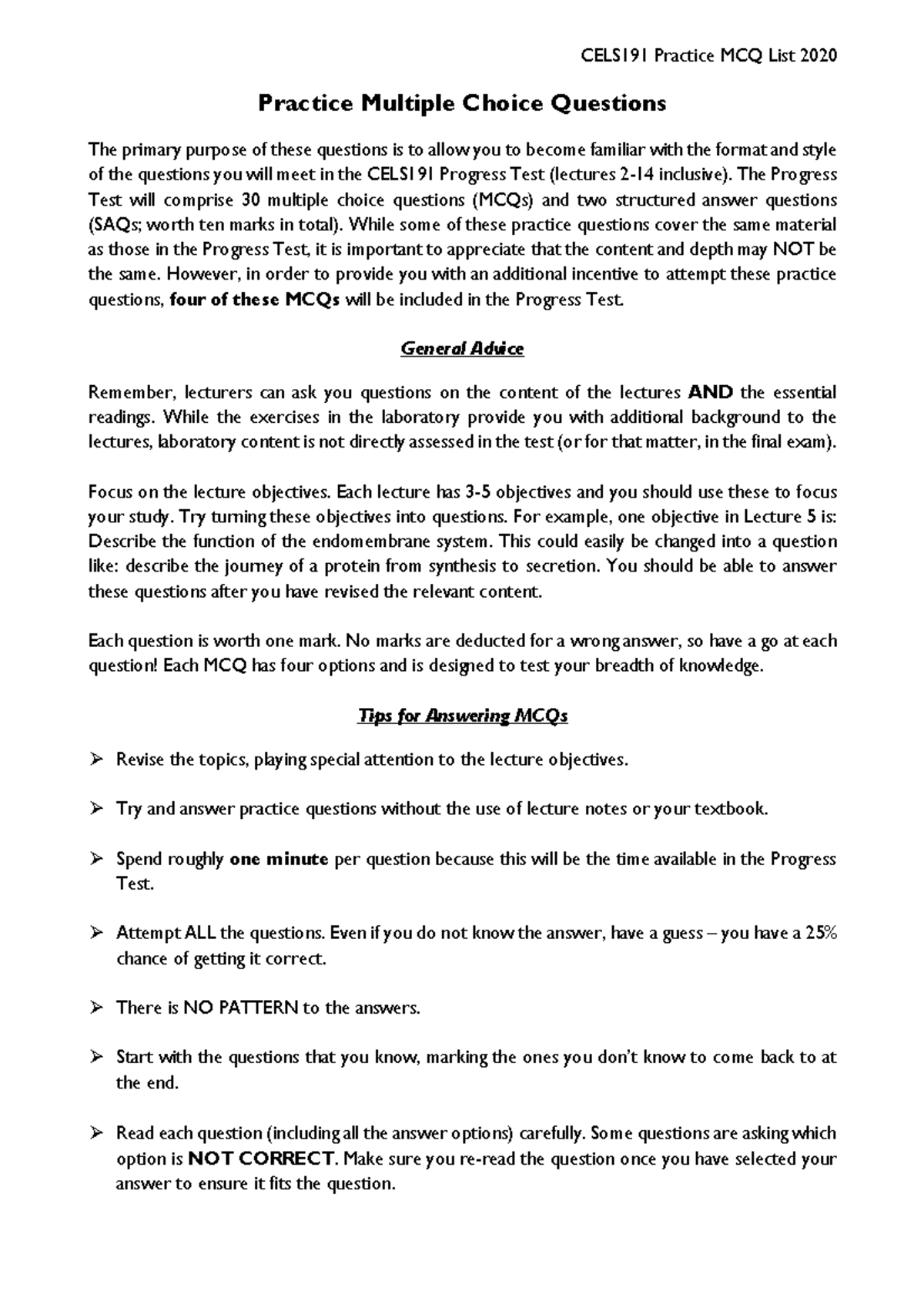 CELS191 MCQ Practice Pool 2020 - Practice Multiple Choice Questions The ...