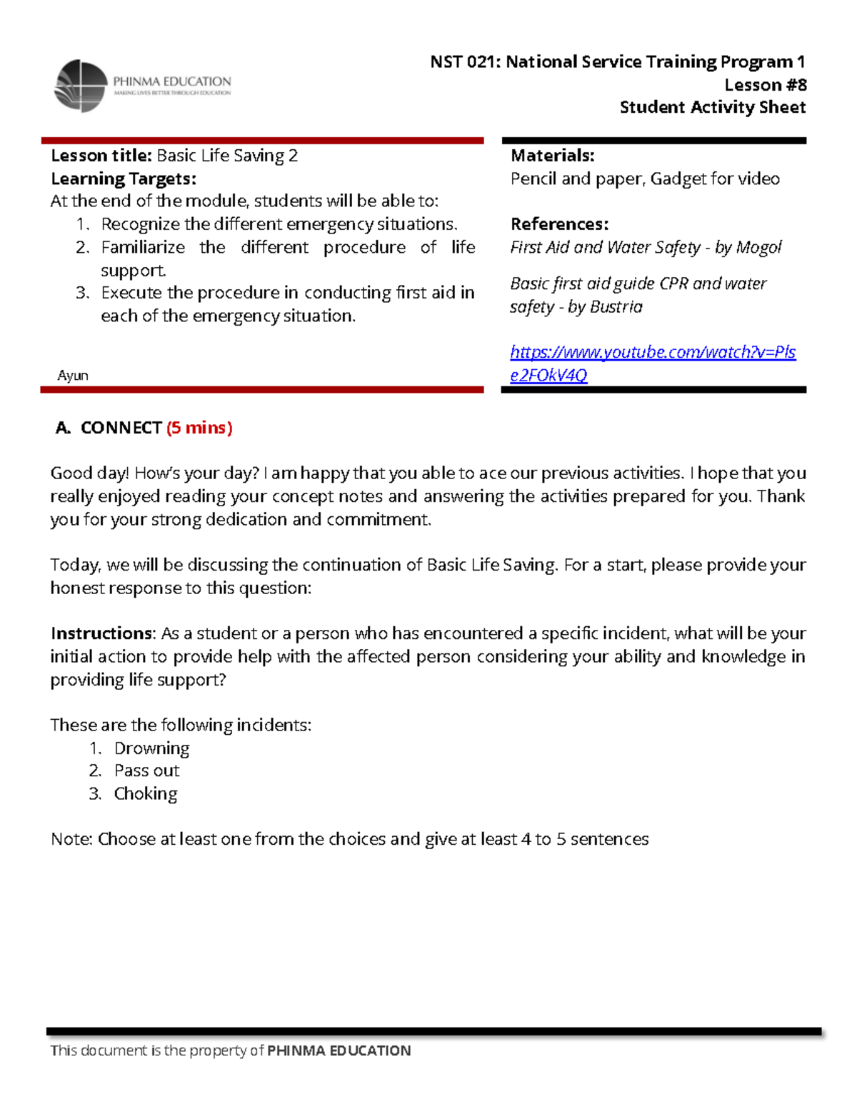 Saving 2 - NSTP - Lesson # Student Activity Sheet Lesson title: Basic Life Saving 2 Learning ...