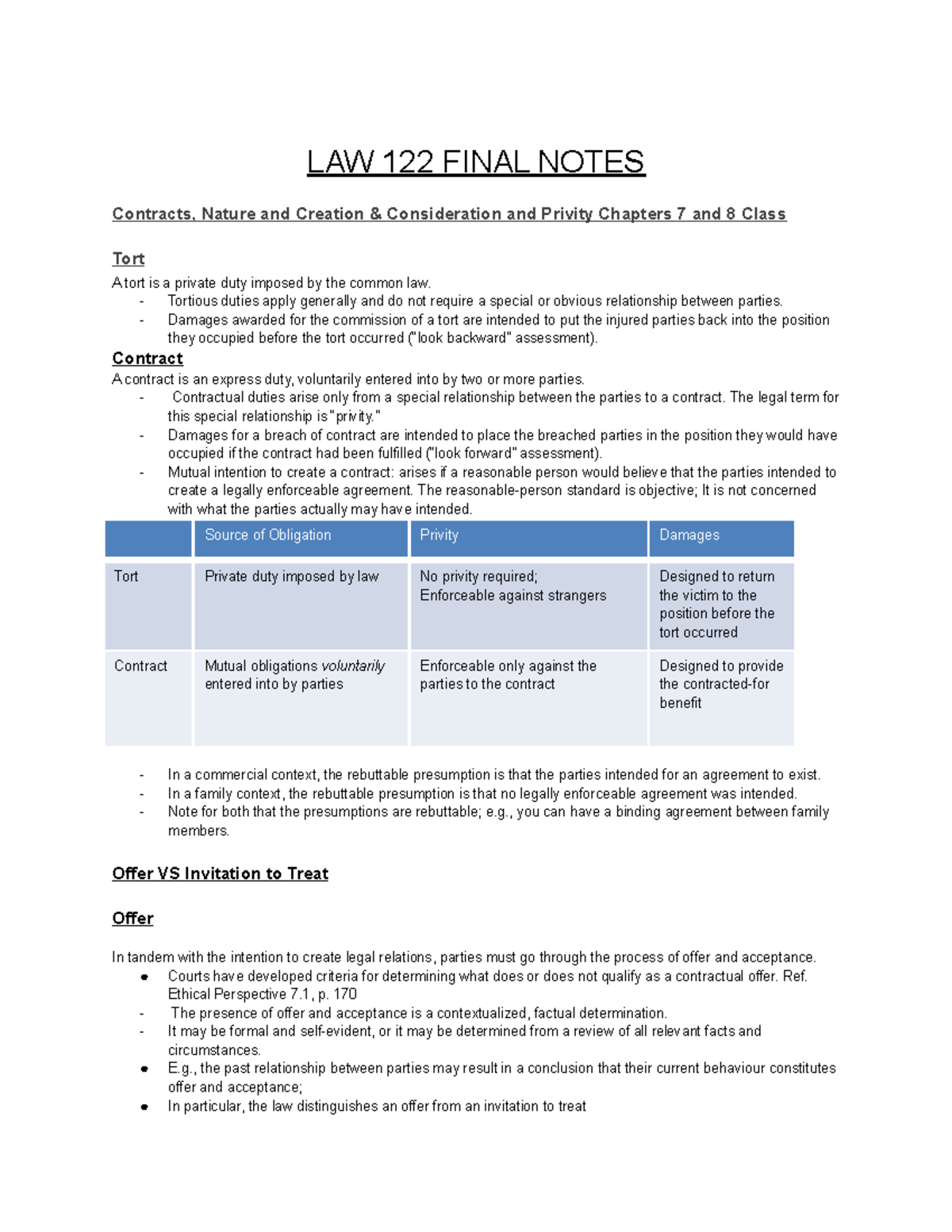 LAW 122 Final Notes - LAW 122 FINAL NOTES Contracts, Nature and ...