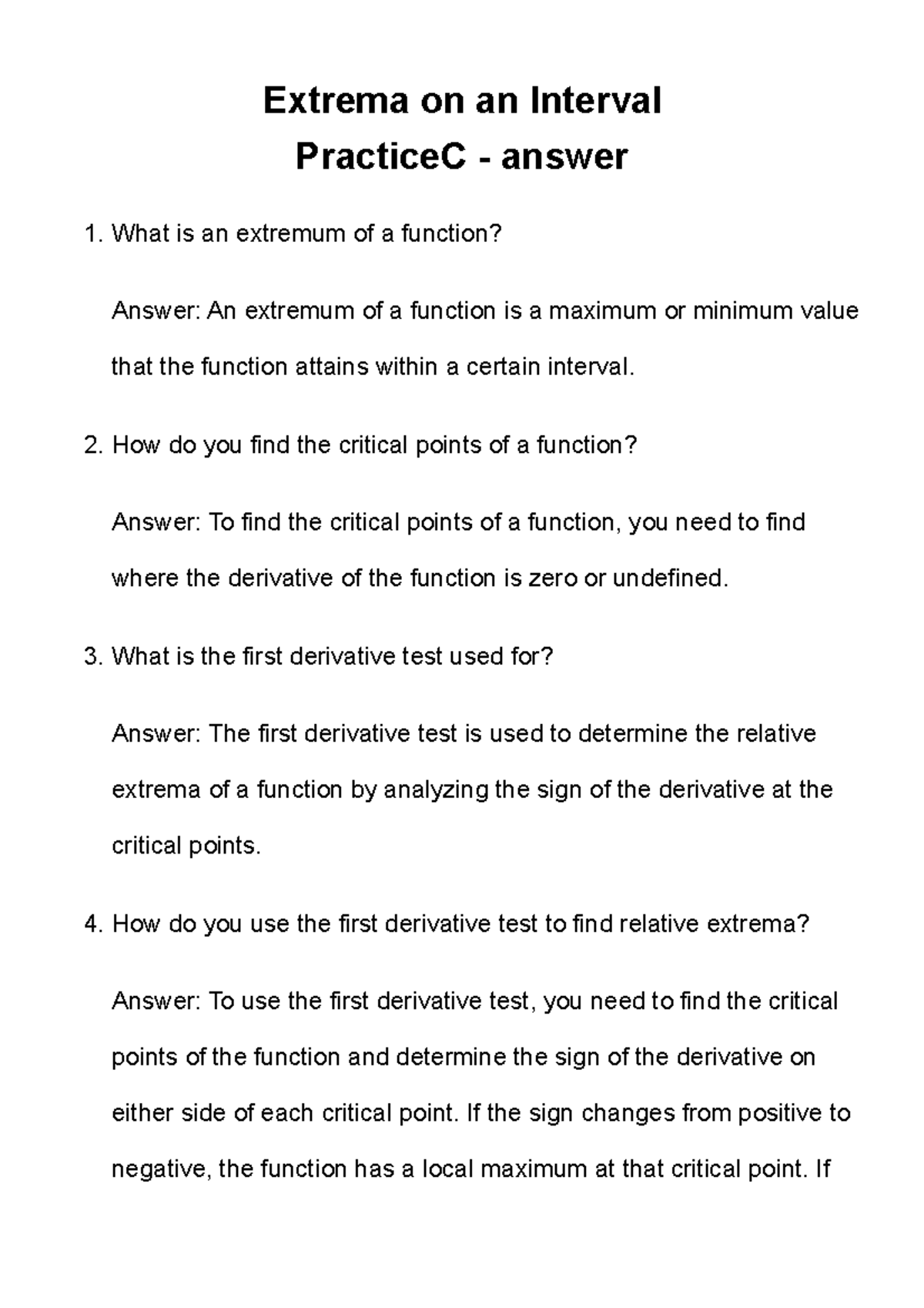 Extrema on an Interval Practice C - answer - Extrema on an Interval ...