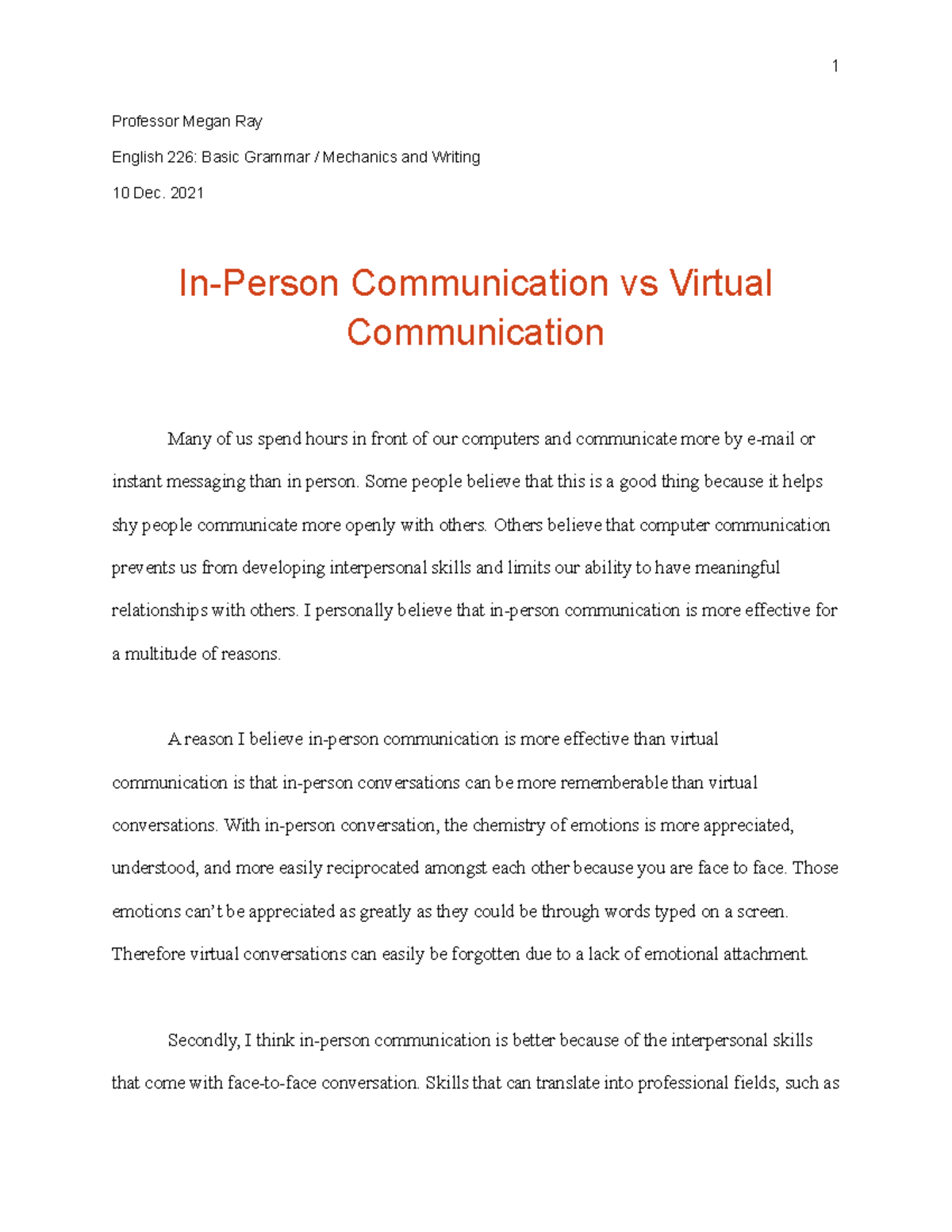 In person vs virtual communication - 1 Professor Megan Ray English 226 ...