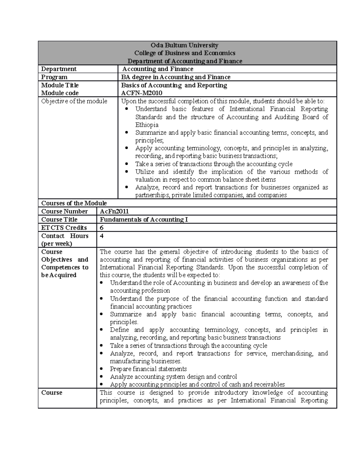Fundamentalof Accounting I course outline - Oda Bultum University ...