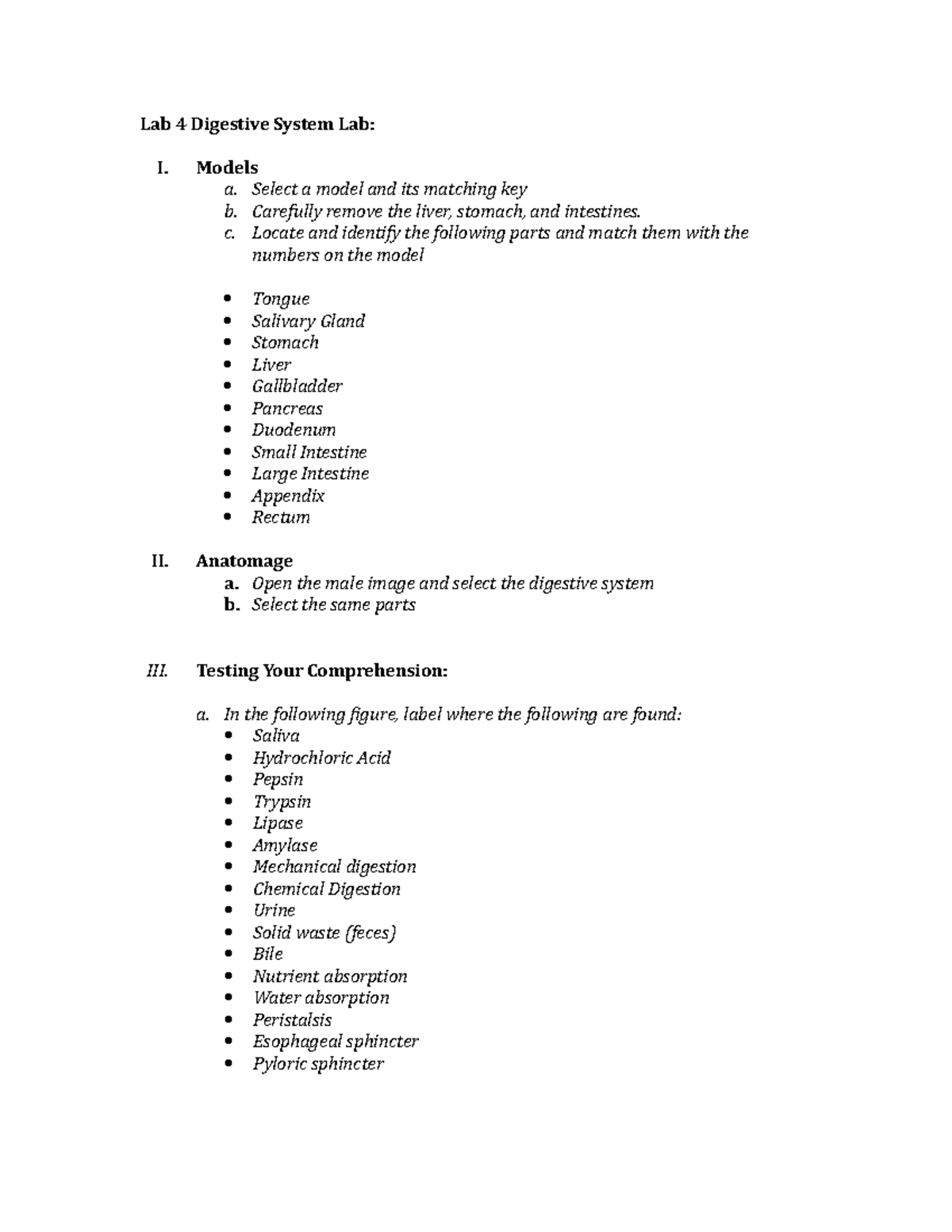 Lab 4 Digestive System Lab - Models a. Select a model and its matching ...