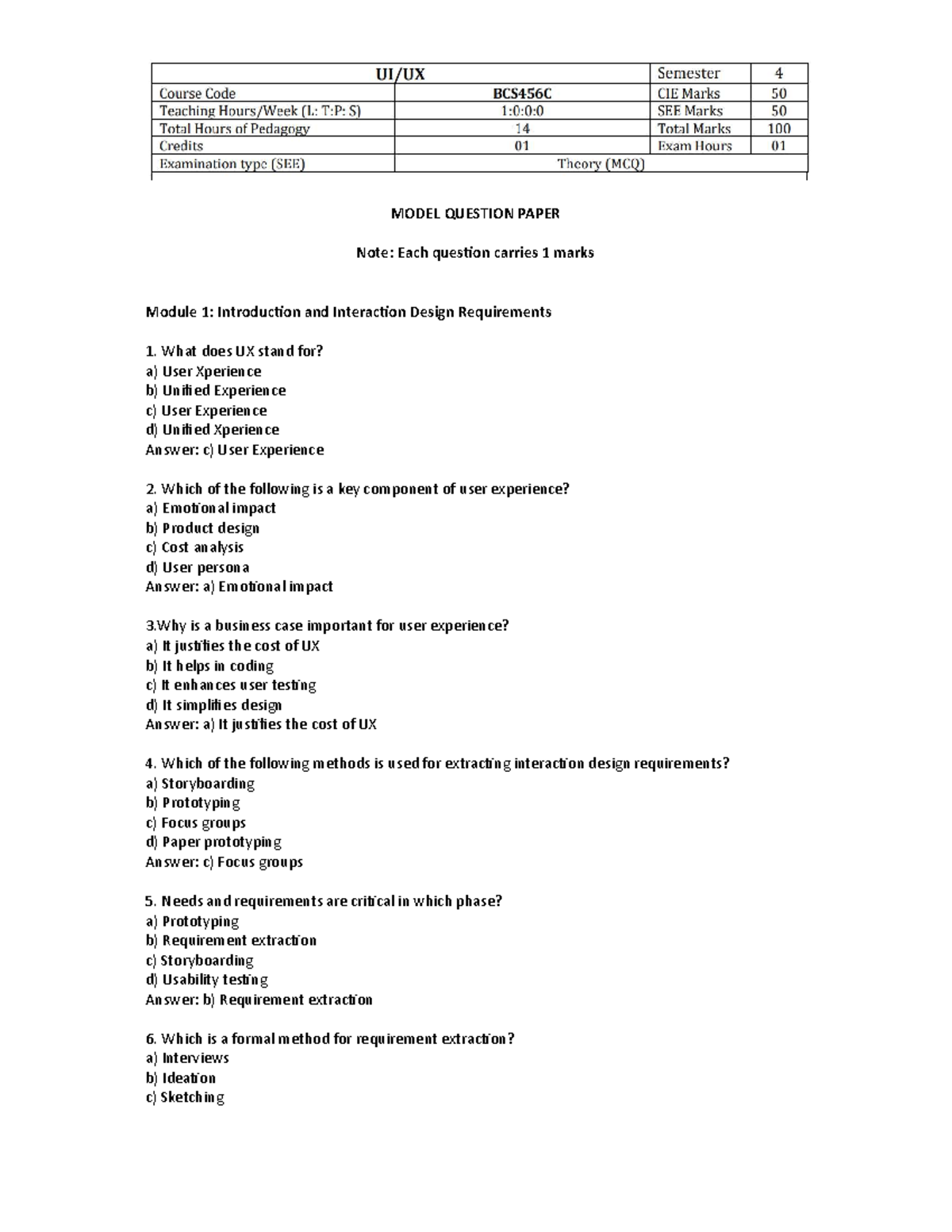 UI-UX Model question paper - MODEL QUESTION PAPER Note: Each quesƟon ...