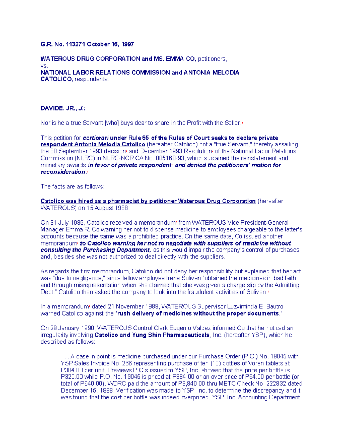 Case 2 Waterous Drug vs. NLRC 280 SCRA 511 - G. No. 113271 October 16 ...