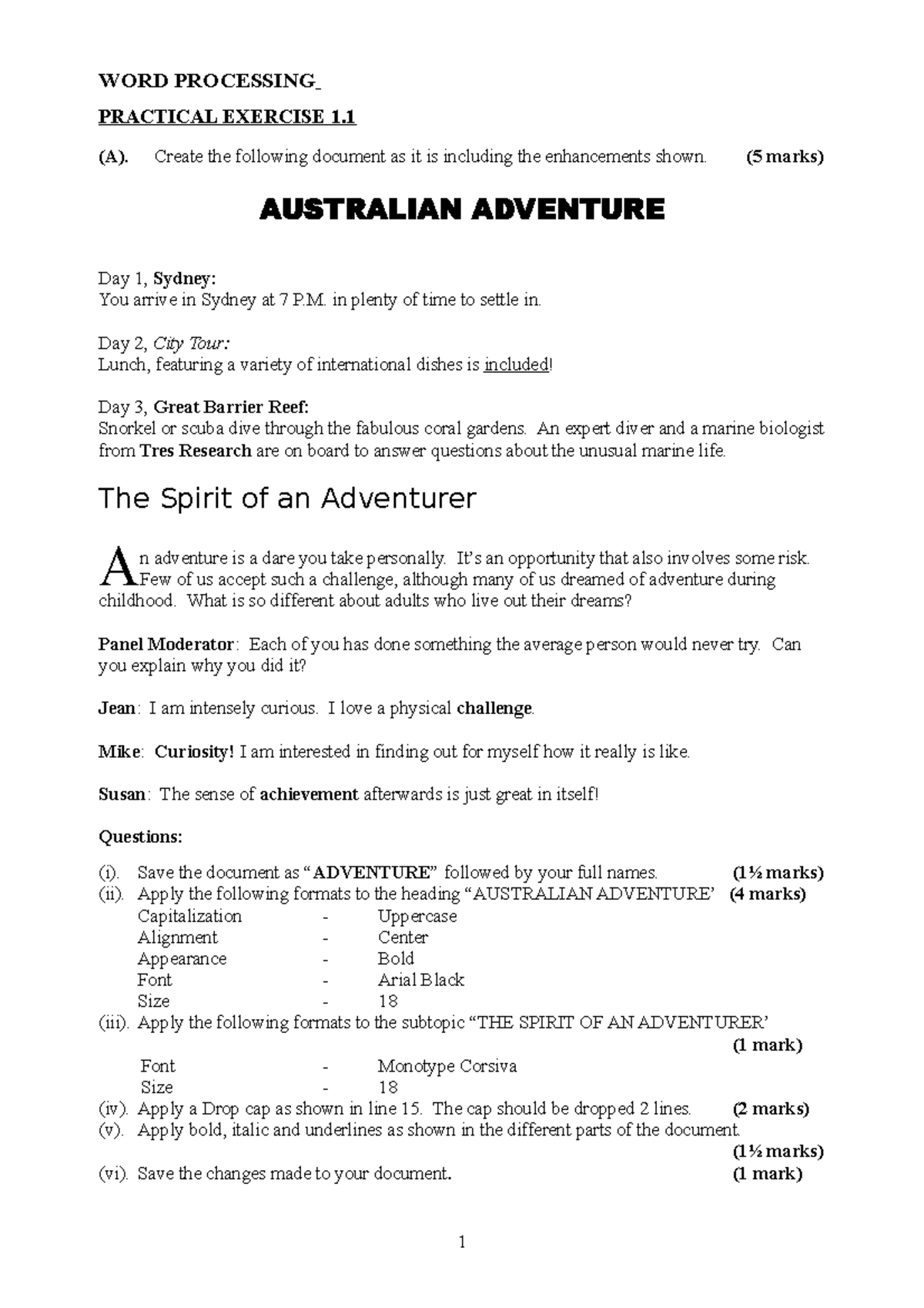 Practical exercises - WORD PROCESSING ####### PRACTICAL EXERCISE 1. (A ...