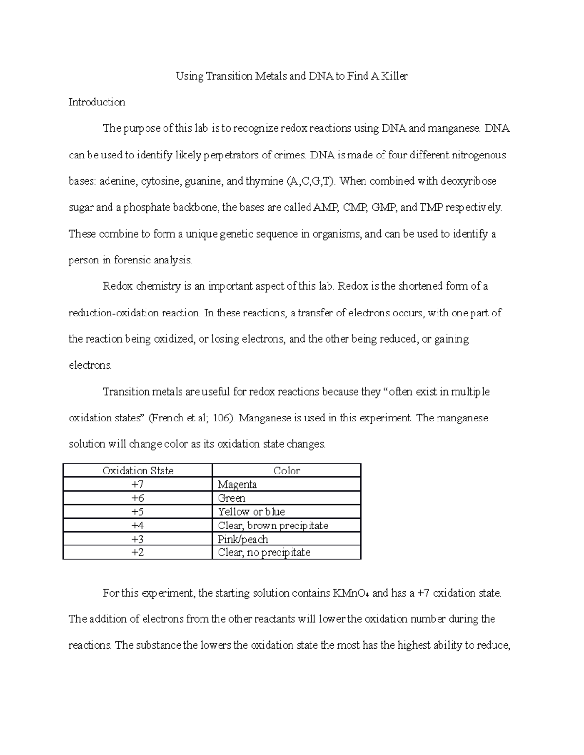 Experiment 8 - Lab report - Using Transition Metals and DNA to Find A ...