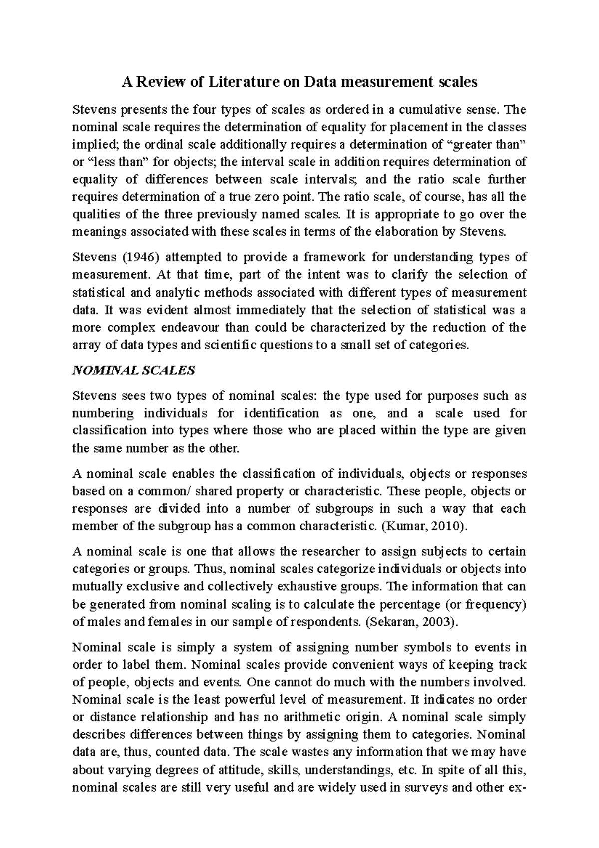 A Review of Literature on Data measurement scales - The nominal scale ...