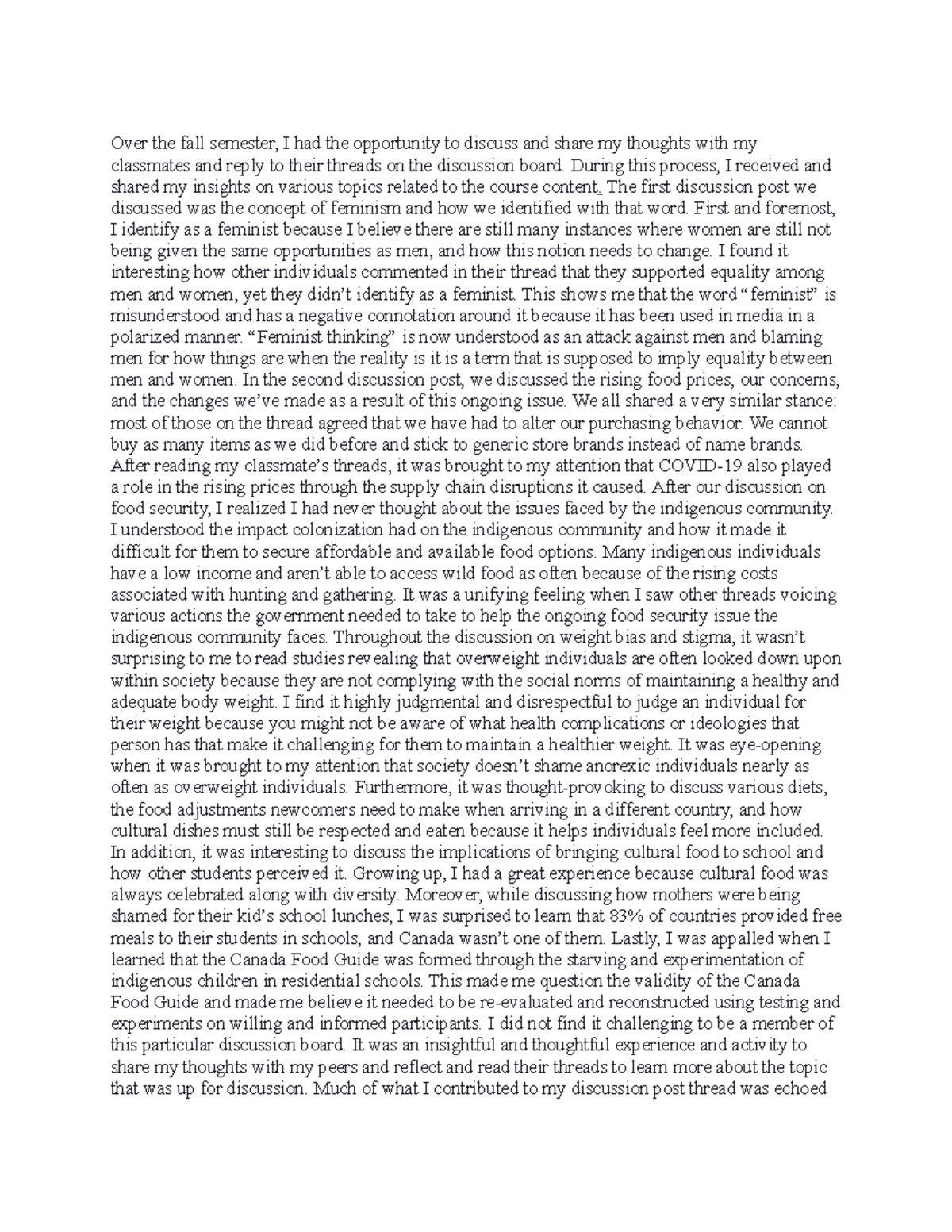 Discussion Board Reflection - Over the fall semester, I had the ...