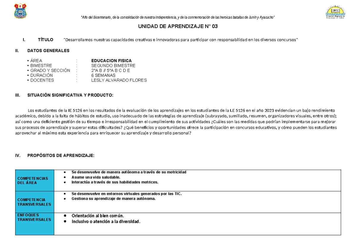 Unidad DE Aprendizaje 3- Ciclo VII- 2024 - UNIDAD DE APRENDIZAJE N° 03 I. TÍTULO “Desarrollamos ...