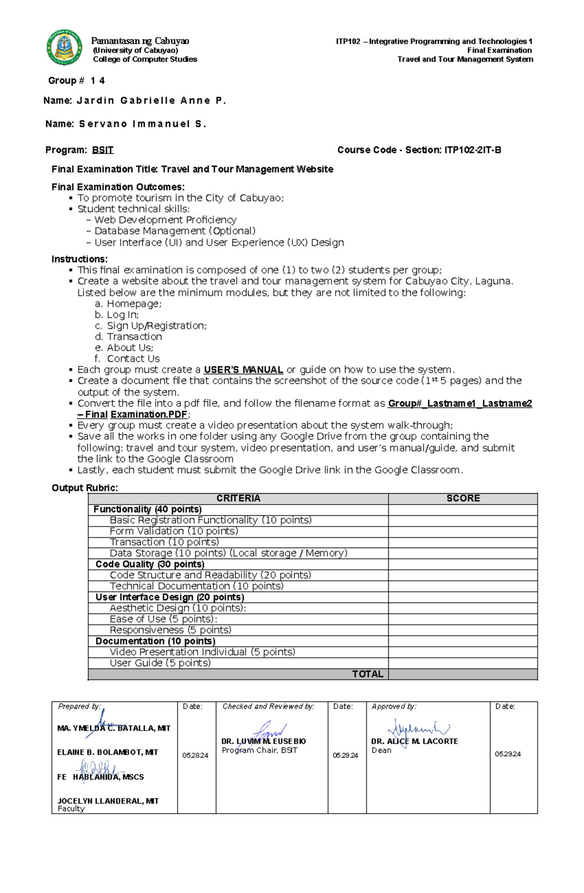 ITP102-Final Examination Website for Travel and Tour Management System - Pamantasan ng Cabuyao ...