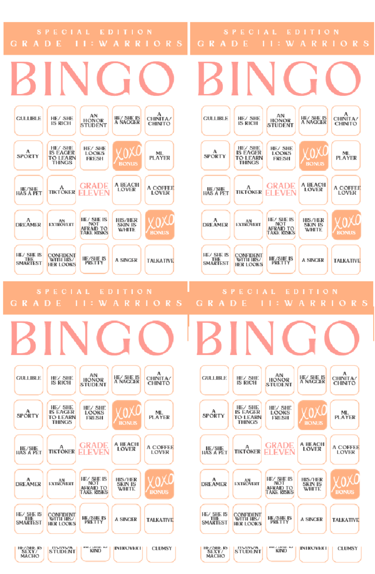 Bingo cards - An interactive ice breaker for the topic "Descriptive ...