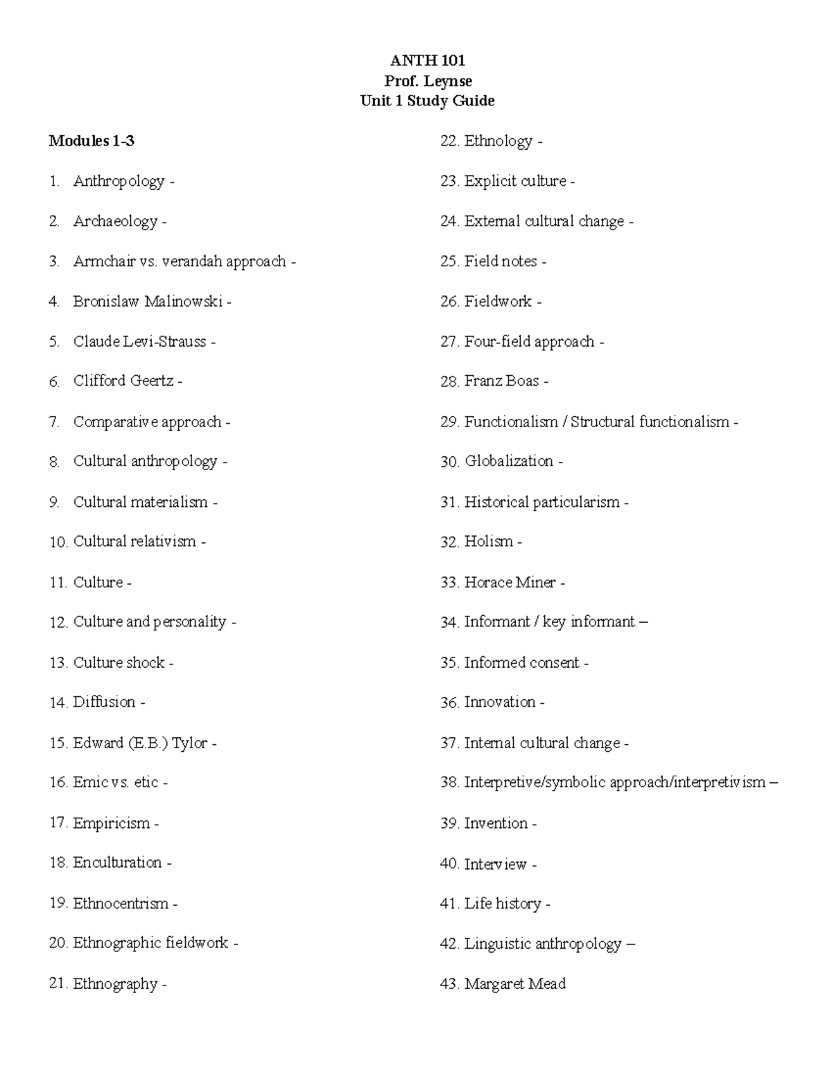 Unit 1 study guide QC Anth101 WL - Prof. Leynse Unit 1 Study Guide ...