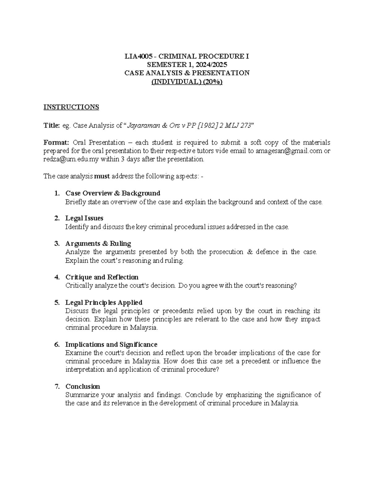 Instructions - Case Analysis Presentation II - LIA4005 - CRIMINAL ...