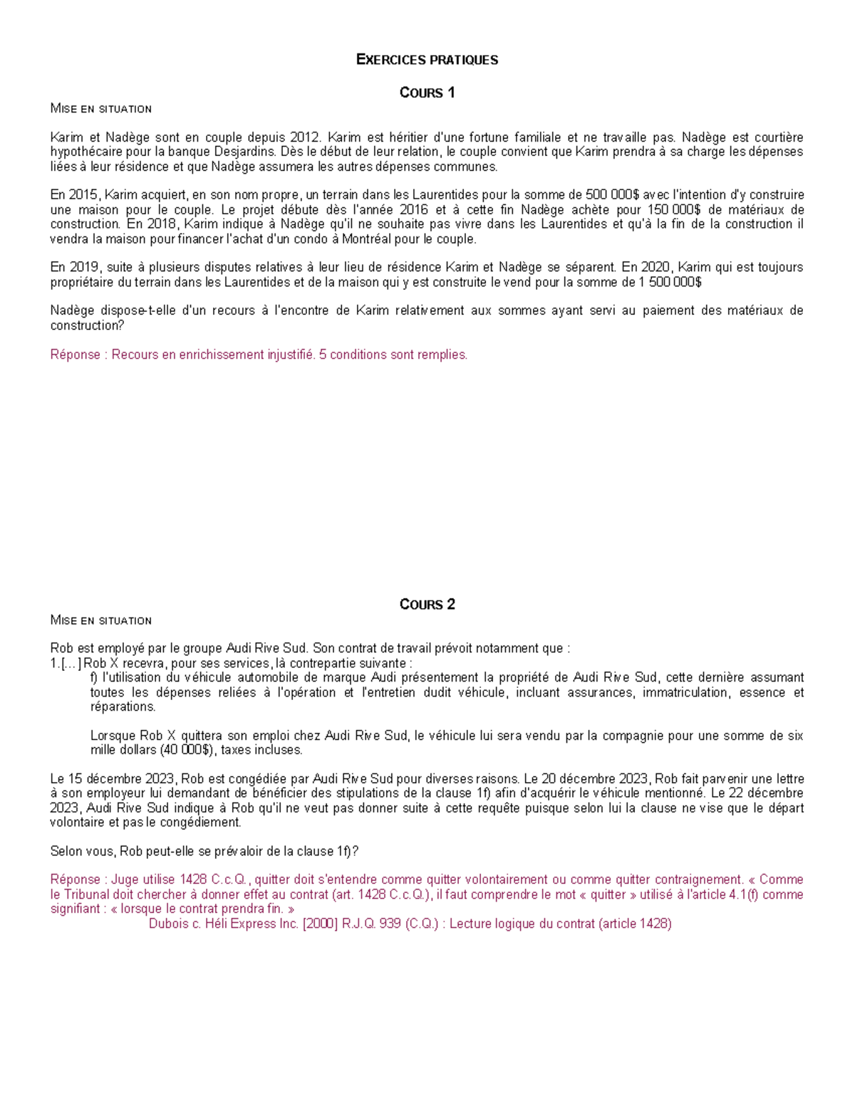 Exercices DRT1223 - EXERCICES PRATIQUES COURS 1 MISE EN SITUATION Karim et Nadège sont en couple ...