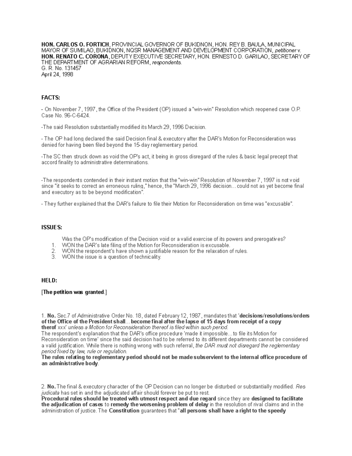 252990995-Fortich-v-Corona-G-R-No-131457-August-19-1999 2 - HON. CARLOS ...
