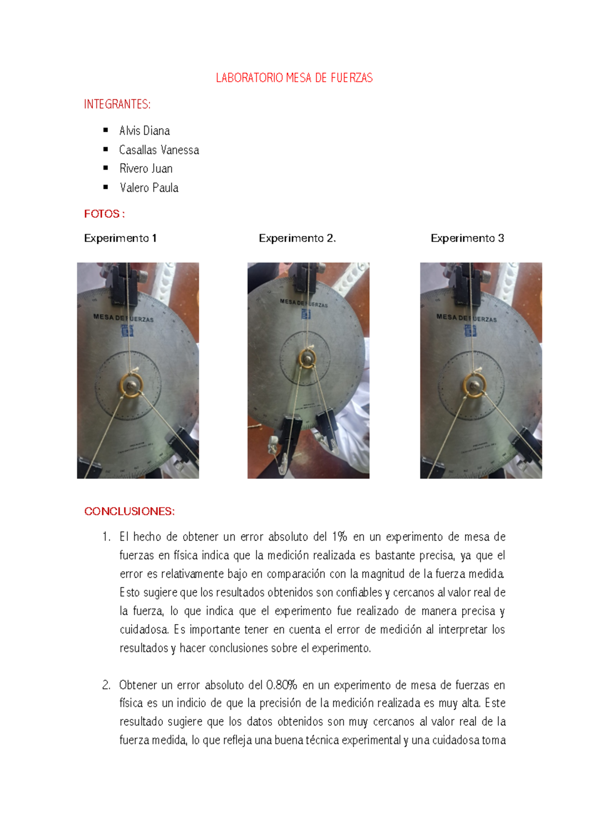 LAB MESA DE Fuerzas - LABORATORIO MESA DE FUERZAS INTEGRANTES: § Alvis ...