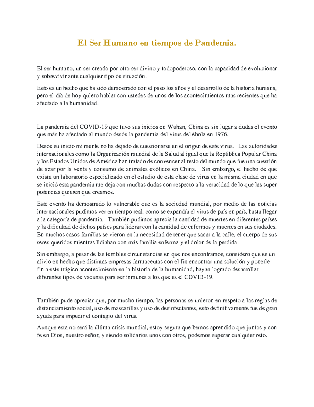 El Ser Humano en tiempos de Pandemia - El ser humano, un ser creado por ...