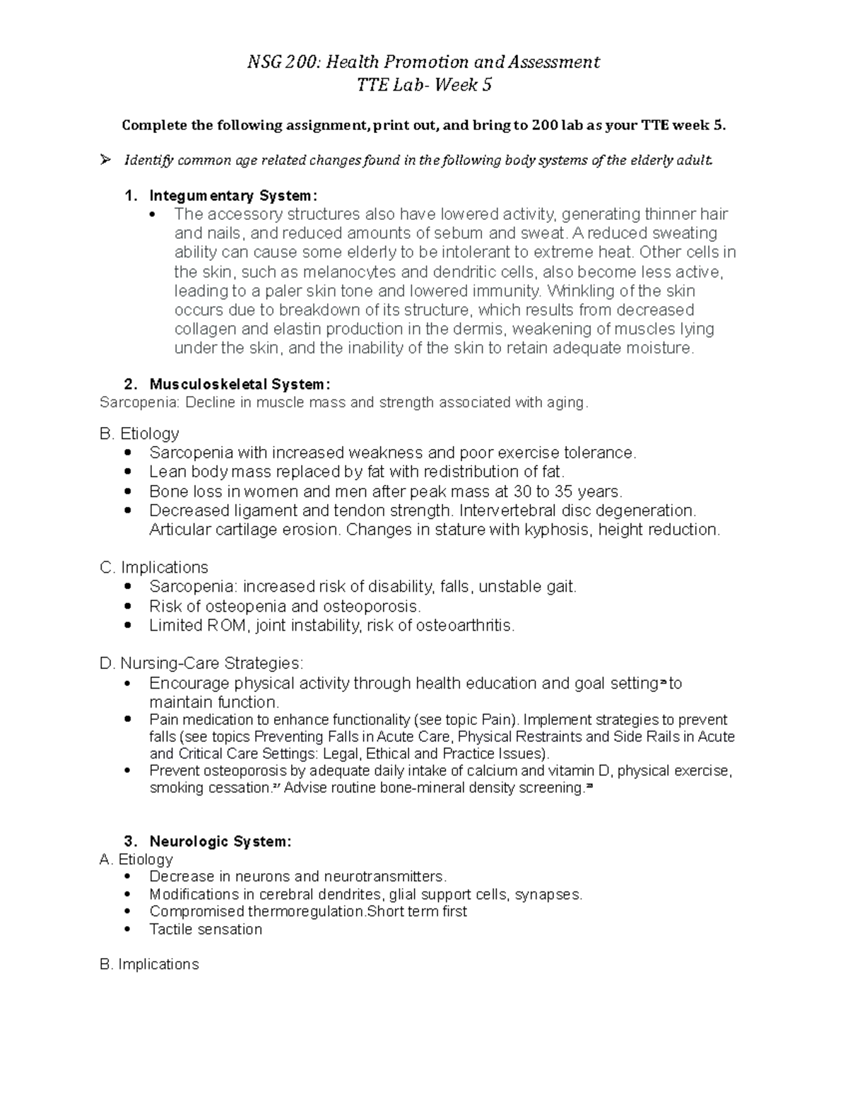 TTE W5 NSG200 Geriatric Care - NSG 200: Health Promotion and Assessment ...