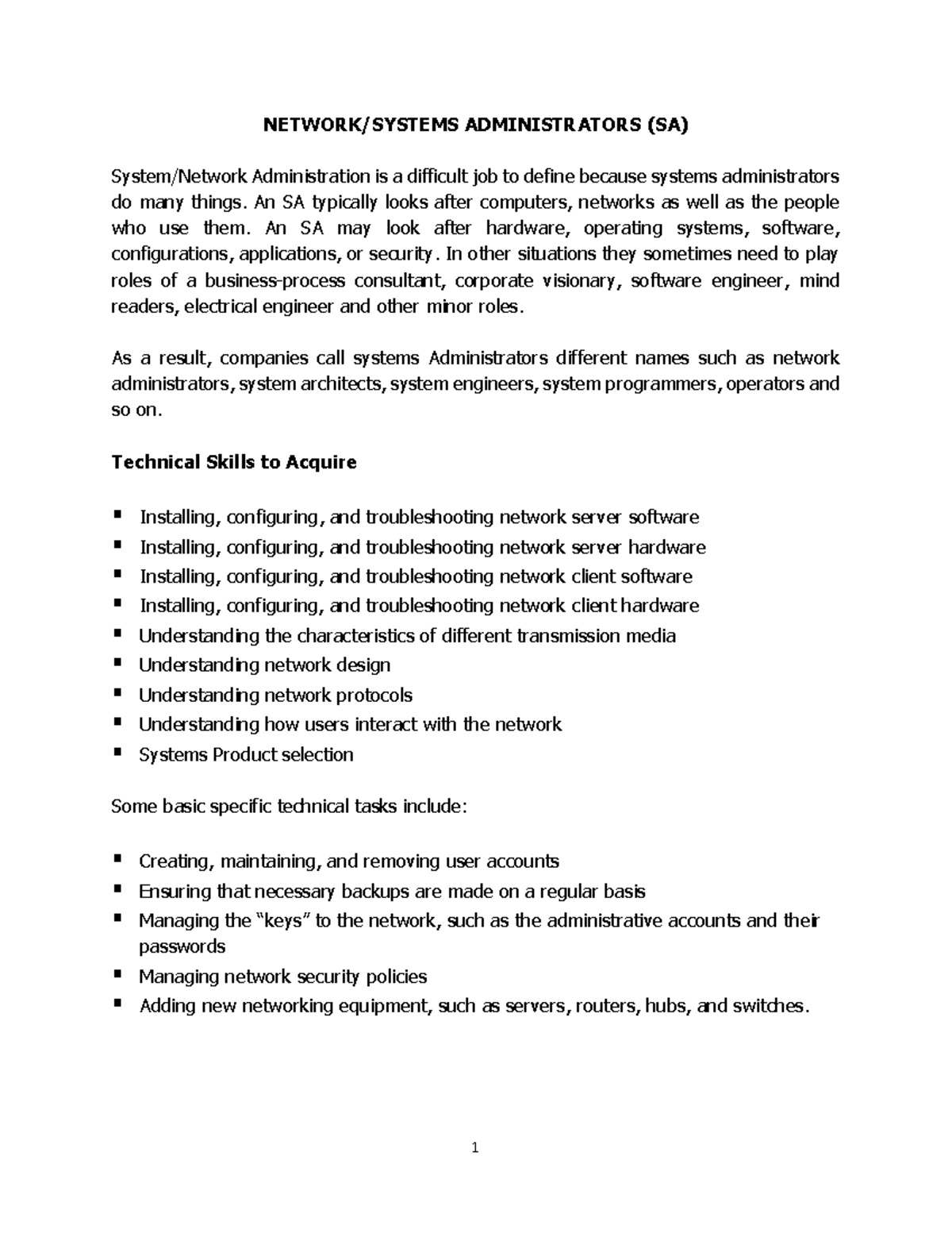MANY Roles of Network Administrators - NETWORK/SYSTEMS ADMINISTRATORS (SA) System/Network - Studocu