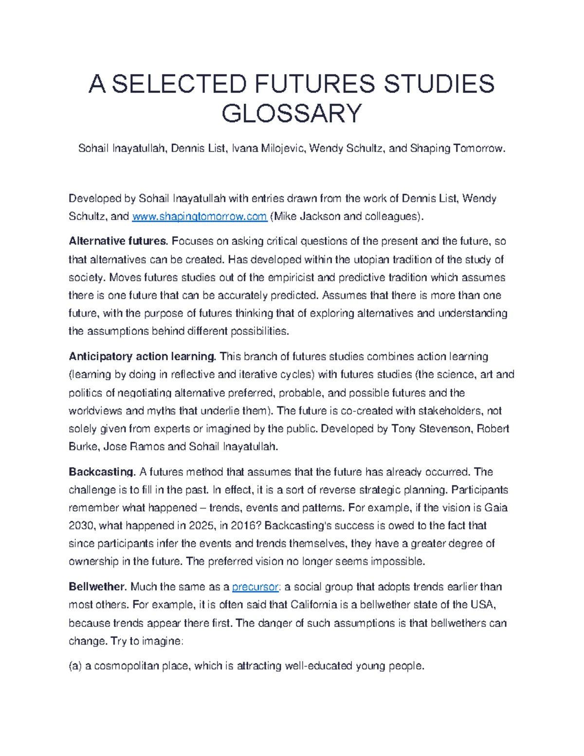 Become a Futurist Glossary - A SELECTED FUTURES STUDIES GLOSSARY Sohail ...