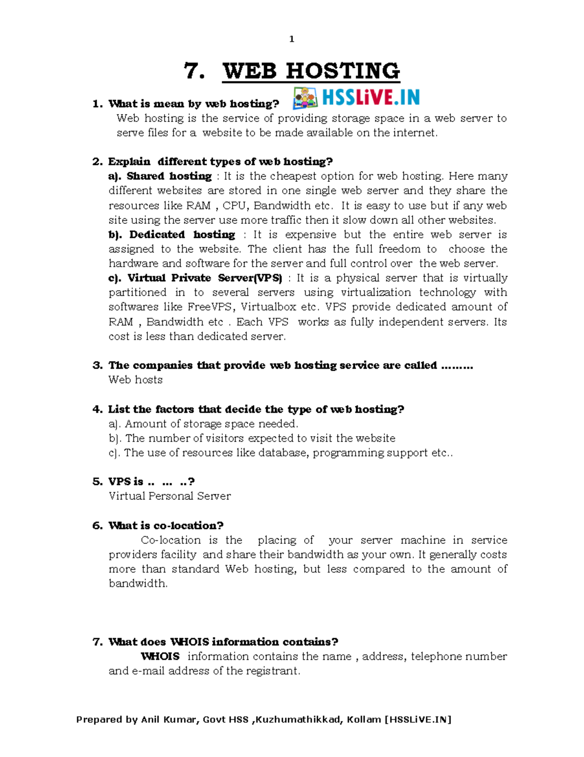 Plus two ca chapter 7 - 7. WEB HOSTING What is mean by web hosting? Web ...