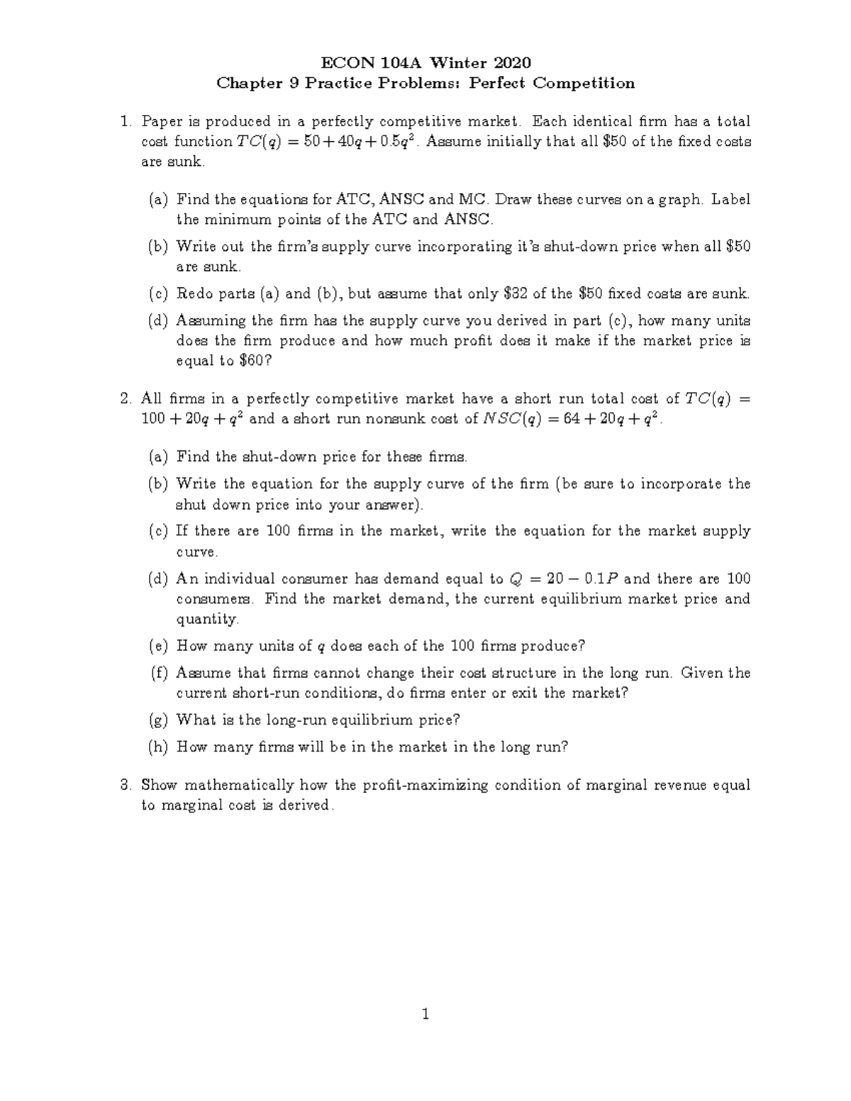 Chapter 9 Practice Problems Perfect Competition - ECON 104A Winter 2020 ...