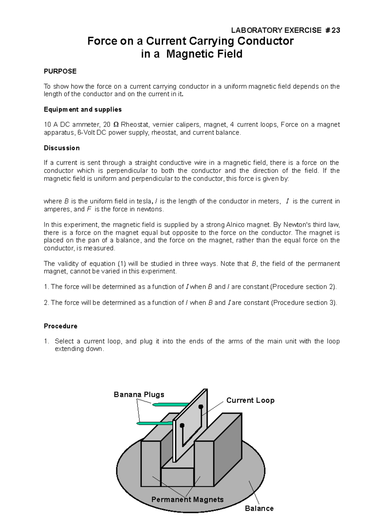 Lab #23 Force on a Current-Carrying Wire - LABORATORY EXERCISE # 23 ...