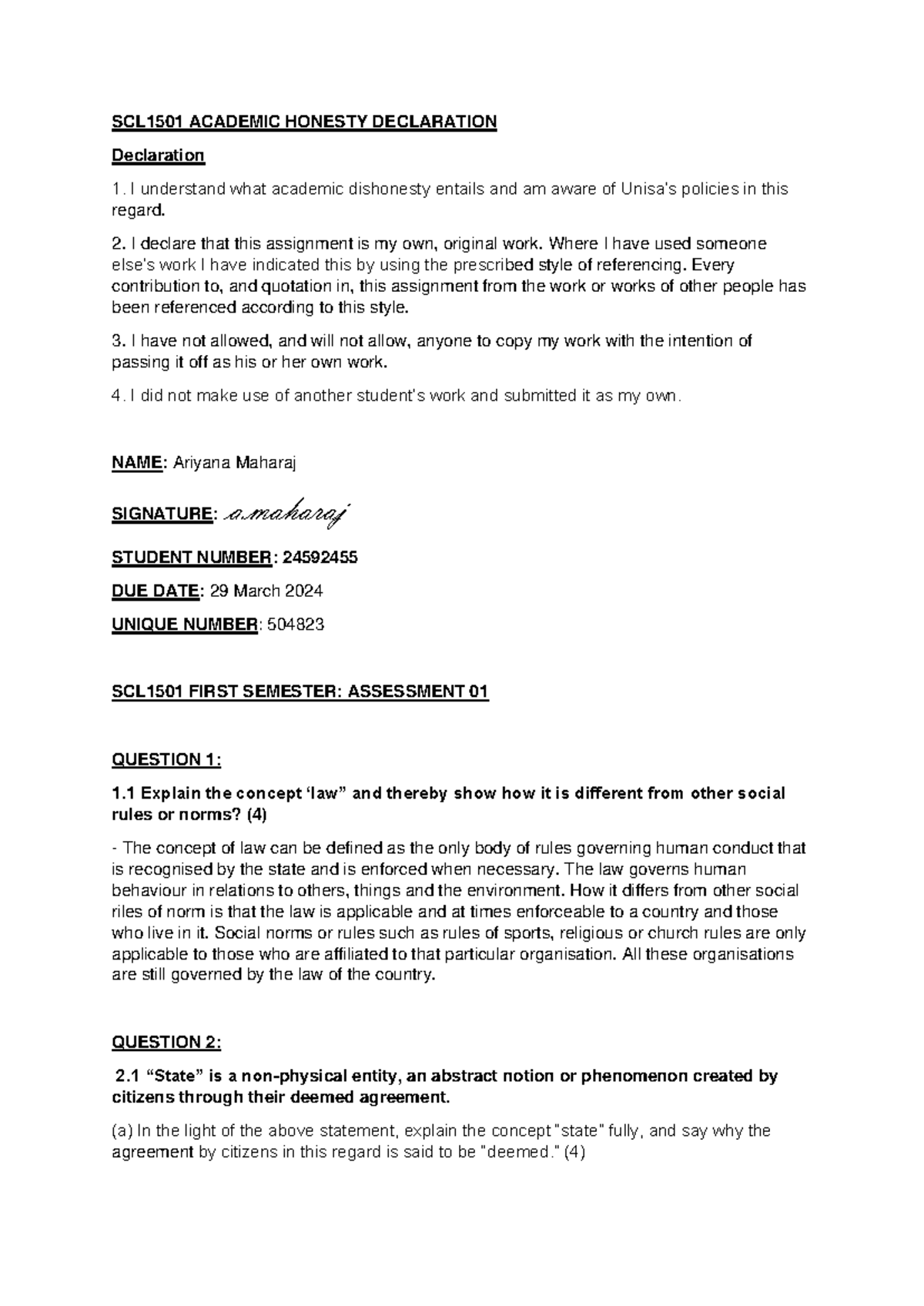 SCL1501 Assessment 01 - SCL1501 ACADEMIC HONESTY DECLARATION ...