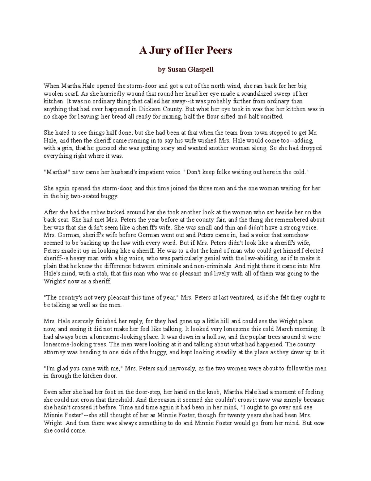 A Jury of Her Peers full text - A Jury of Her Peers by Susan Glaspell ...