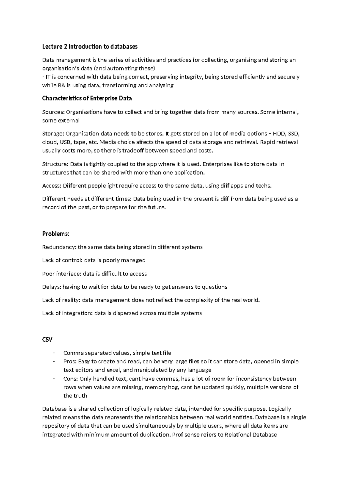 IT3010 notes - Lecture 2 Introduction to databases Data management is ...