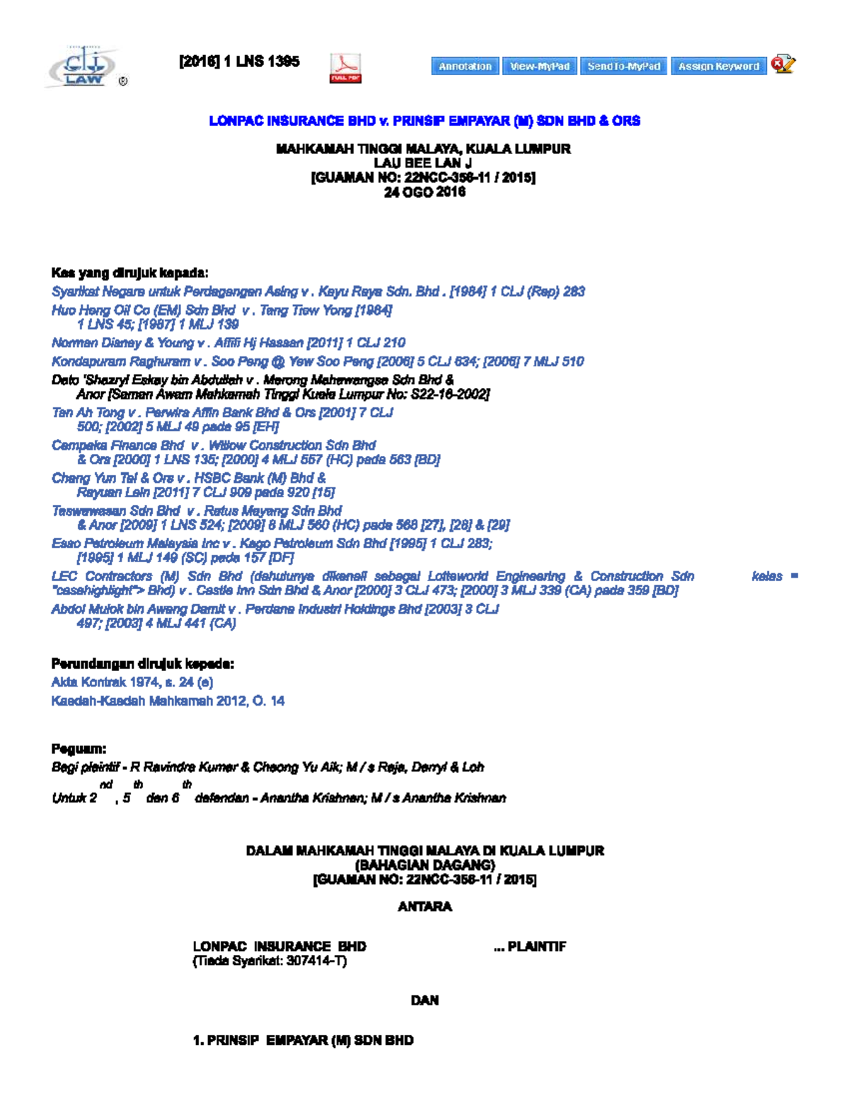 Lonpac Insurance Bhd v Prinsip Empayar (M) Sdn Bhd & 5 Ors - Business ...