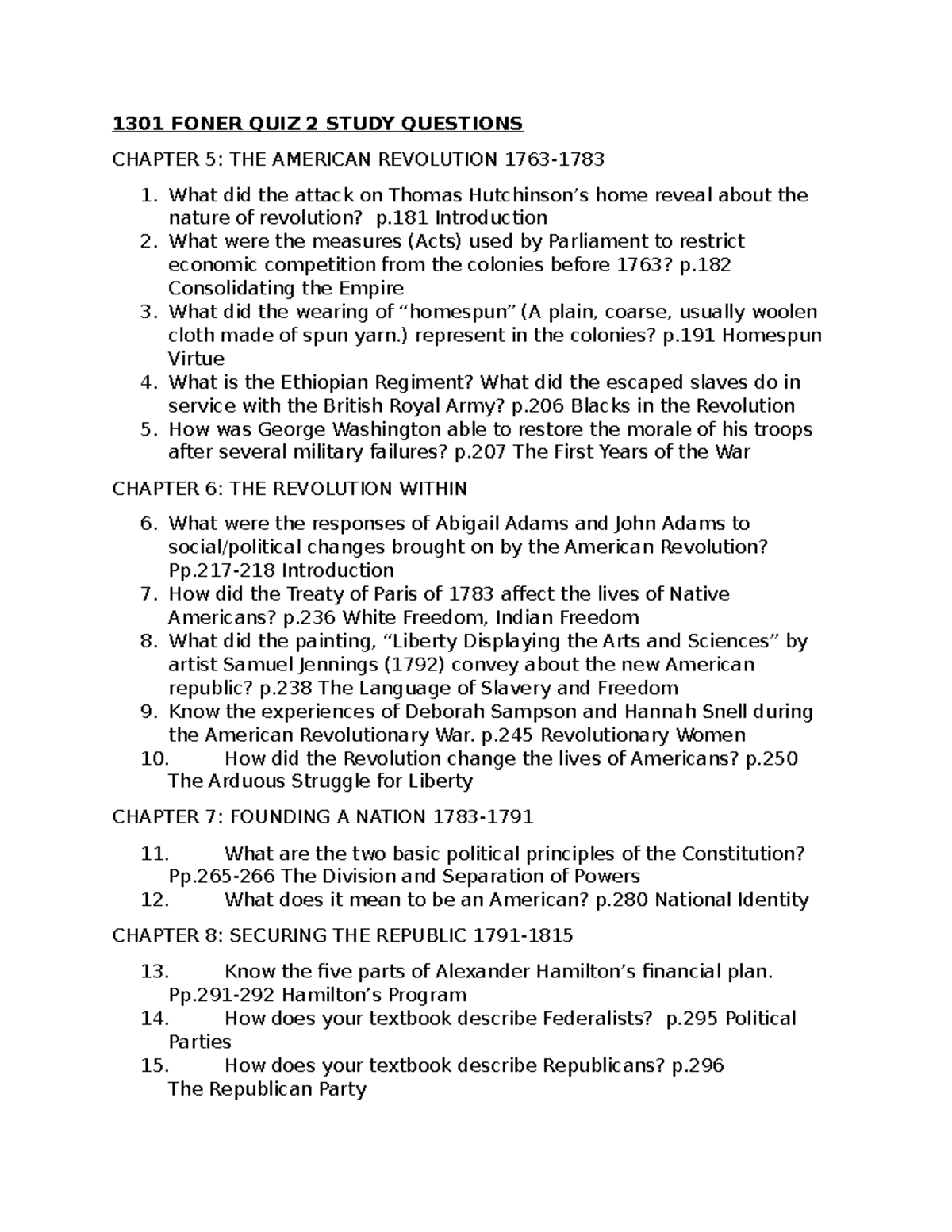 1301 QUIZ 2 Foner - Quiz questions and answers - HIST 1301 - HCC - Studocu