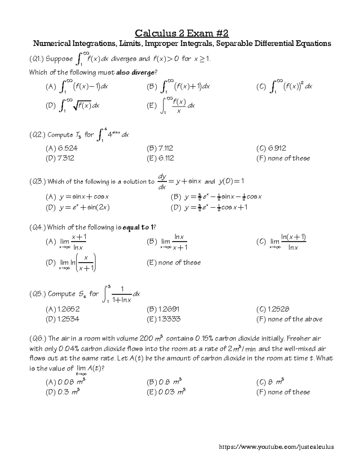 Calc 2 Exam#2 - idk - Calculus 2 Exam Numerical Integrations, Limits ...