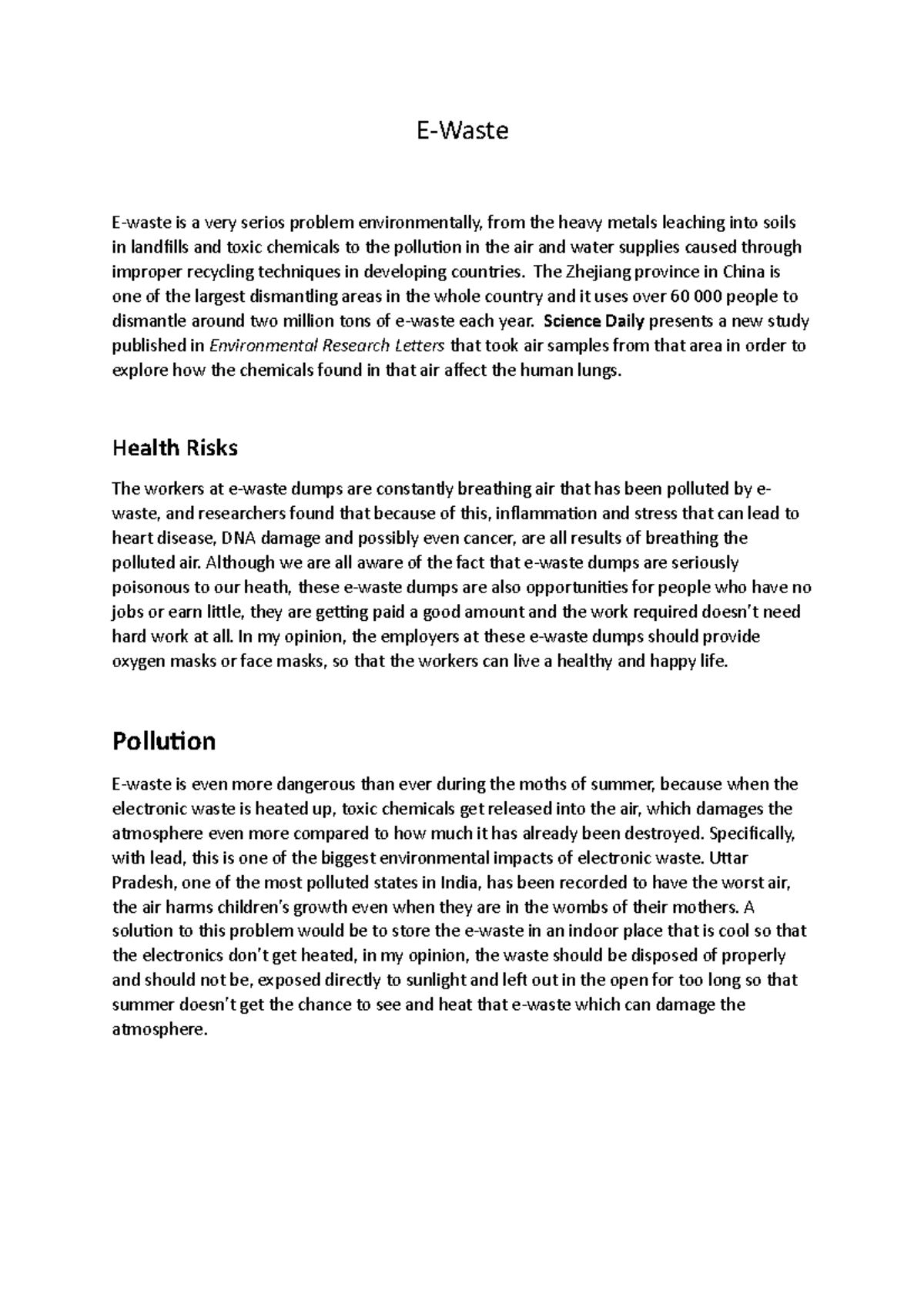 E-Waste Essay Yr 10 for year 10 students - ENVT 3016 - UniSA - Studocu