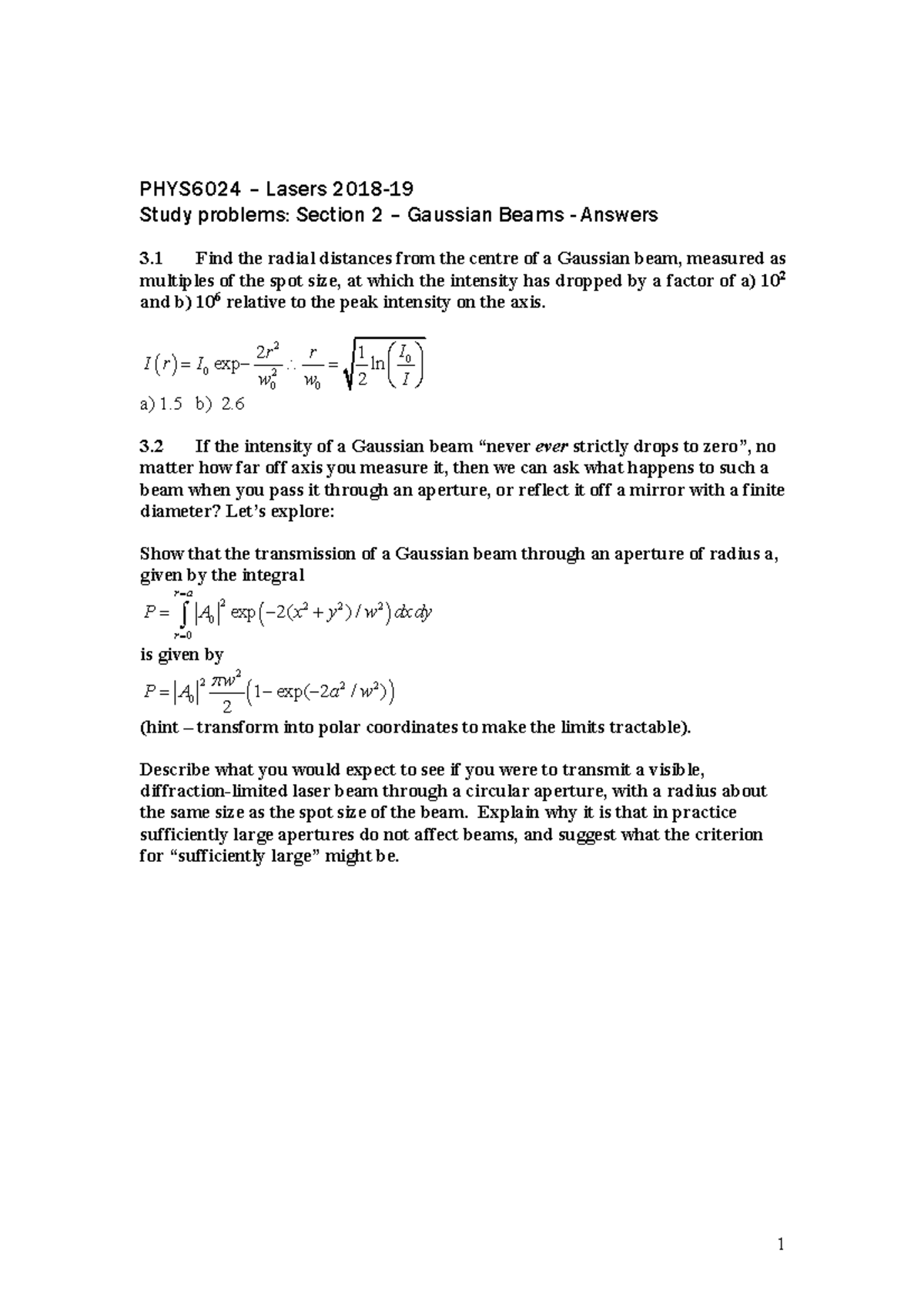 PS2 solutions 1819 - Laser Class - PHYS6024 Lasers Study problems ...