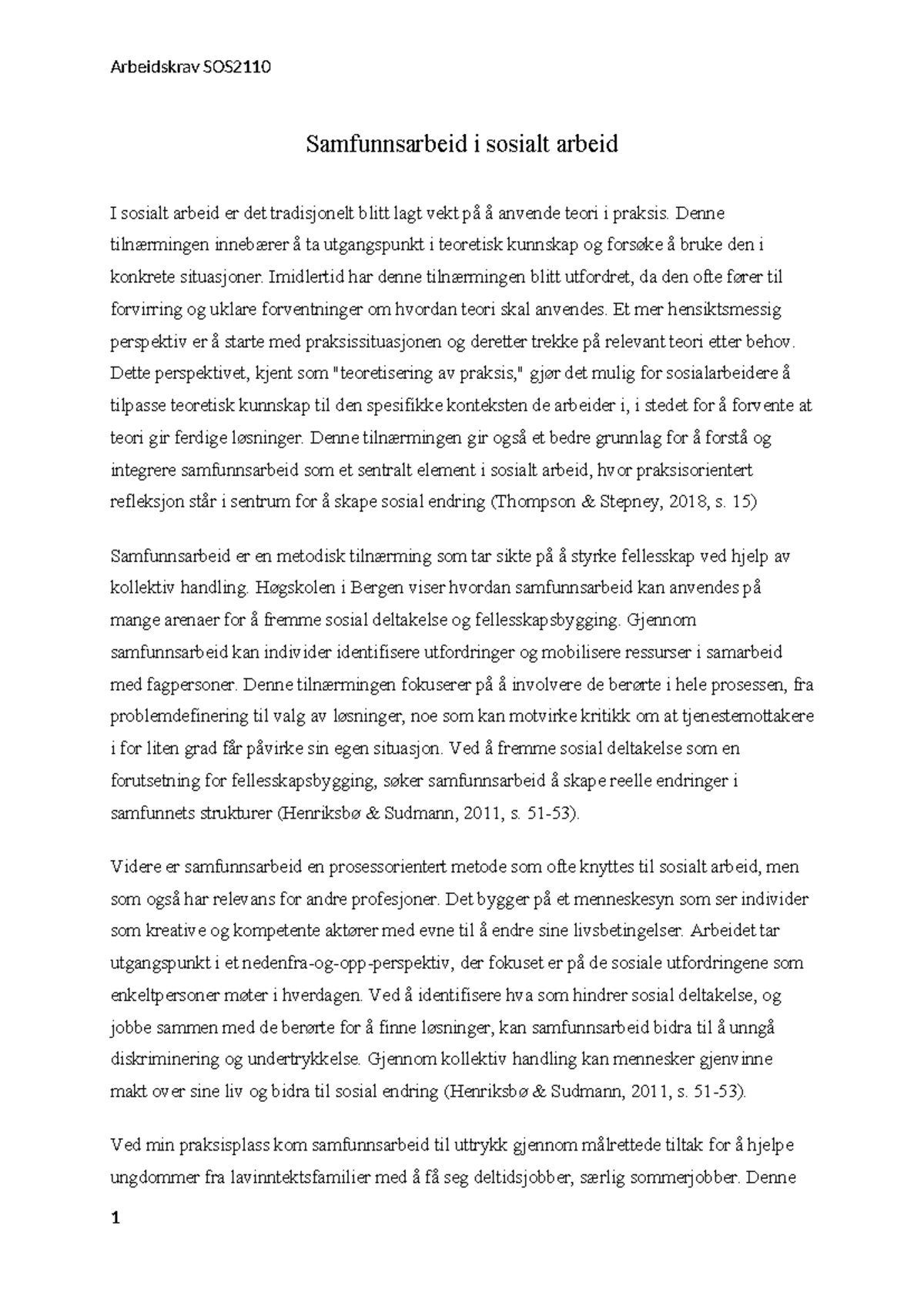 Arbeidskrav SOS2110 Høst 2024 - Samfunnsarbeid i sosialt arbeid I ...