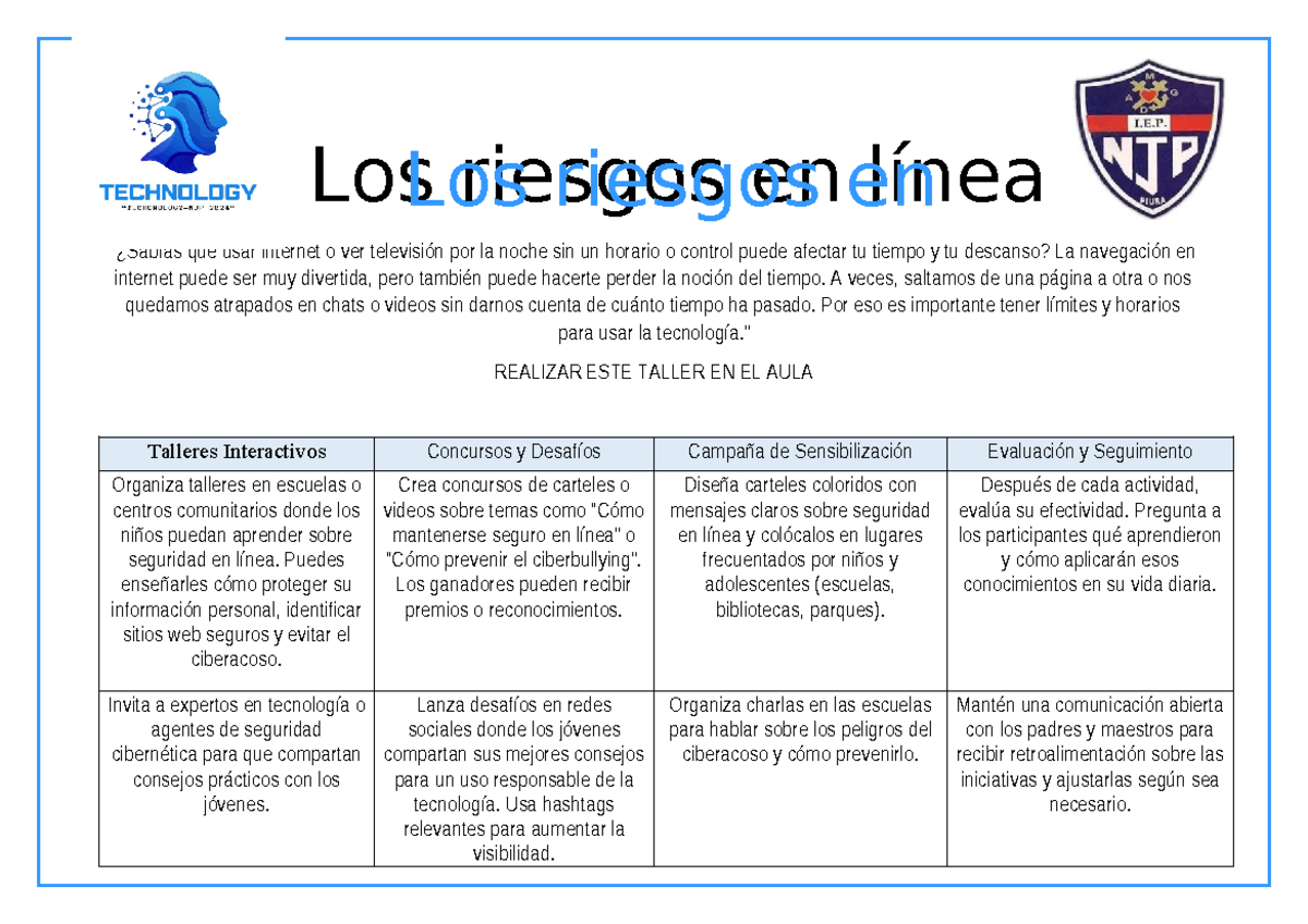 Taller - PARA AULA - LOS Riesgos EN Línea Cuadro DE Actividades - Los ...