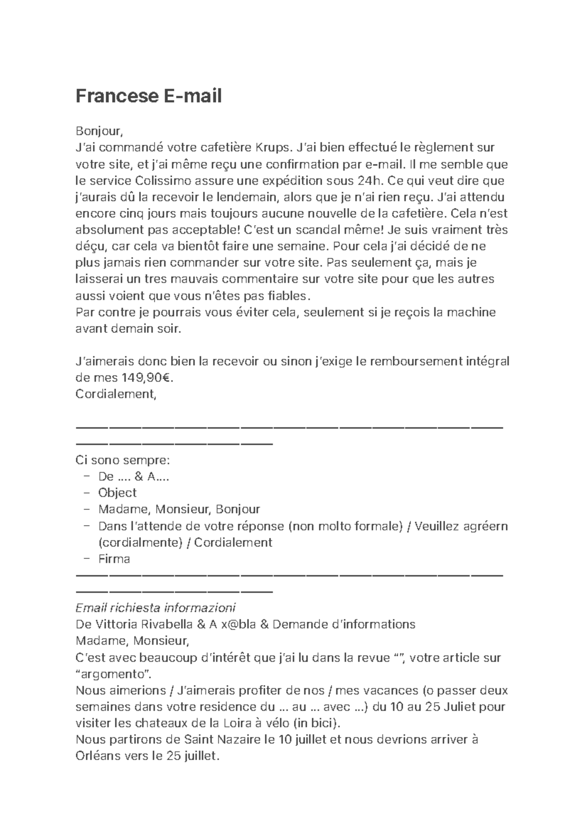 Francese E mail Possibili Lettere Presenti In Seduta D esame
