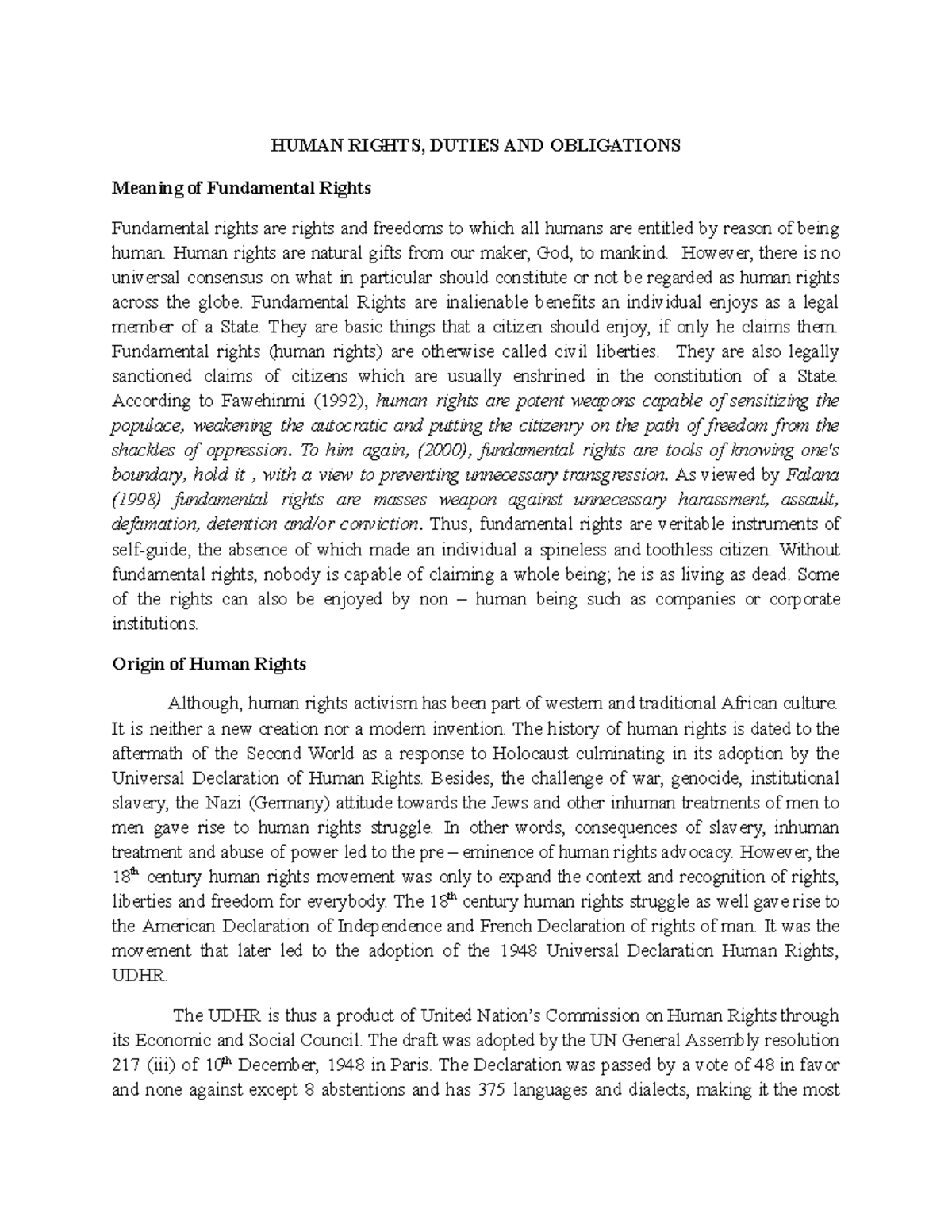 SSC 104 Class - Human Rights - HUMAN RIGHTS, DUTIES AND OBLIGATIONS ...