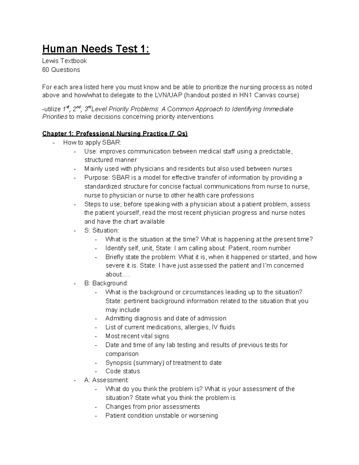 Human Needs Test - State: I have just assessed the patient and I’m ...