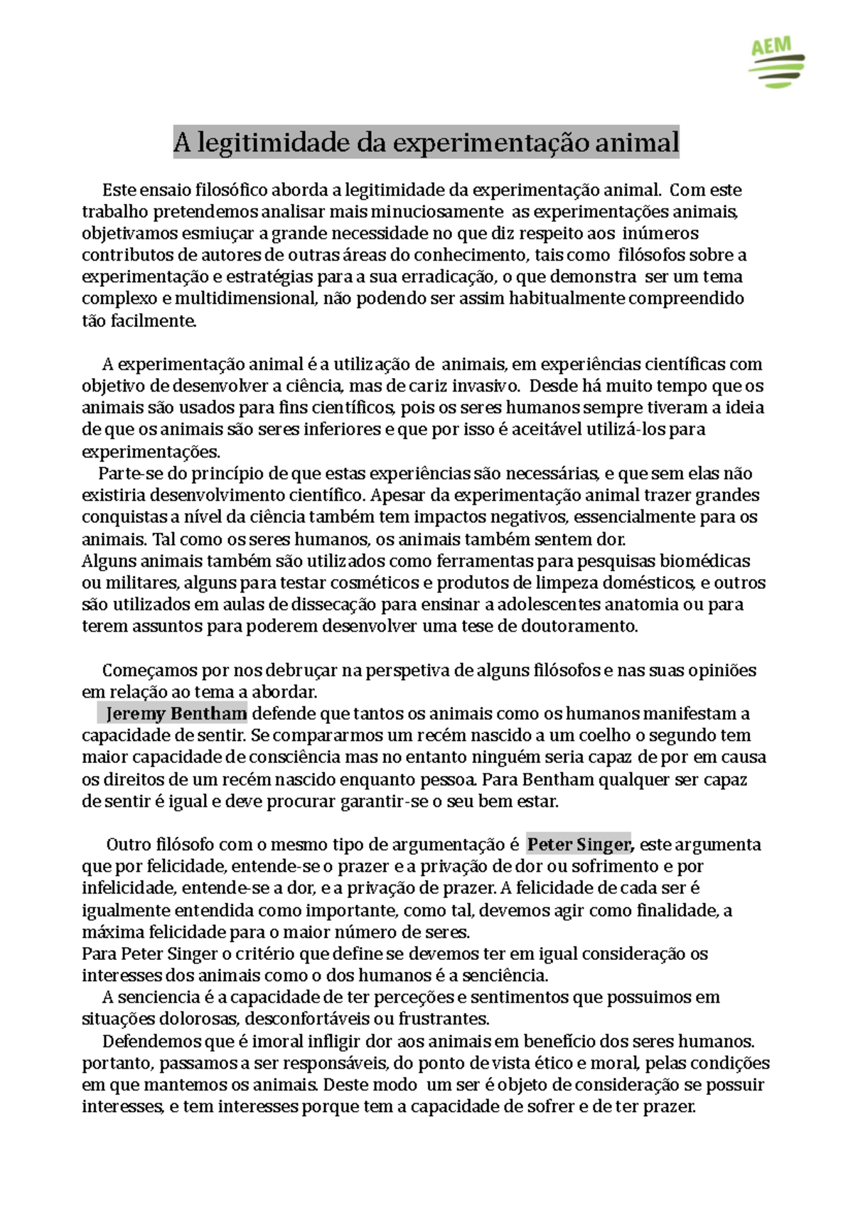 Filosofia - Bgggg - A legitimidade da experimentação animal Este ensaio ...