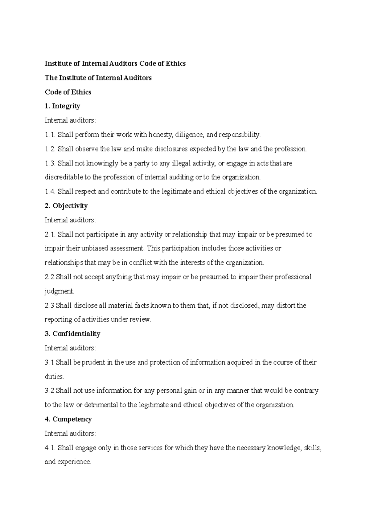 Internal Audit Unit 2 Notes - Institute of Internal Auditors Code of ...