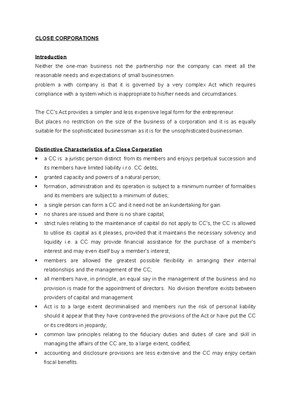 Close corporations - CLOSE CORPORATIONS Introduction Neither the one ...