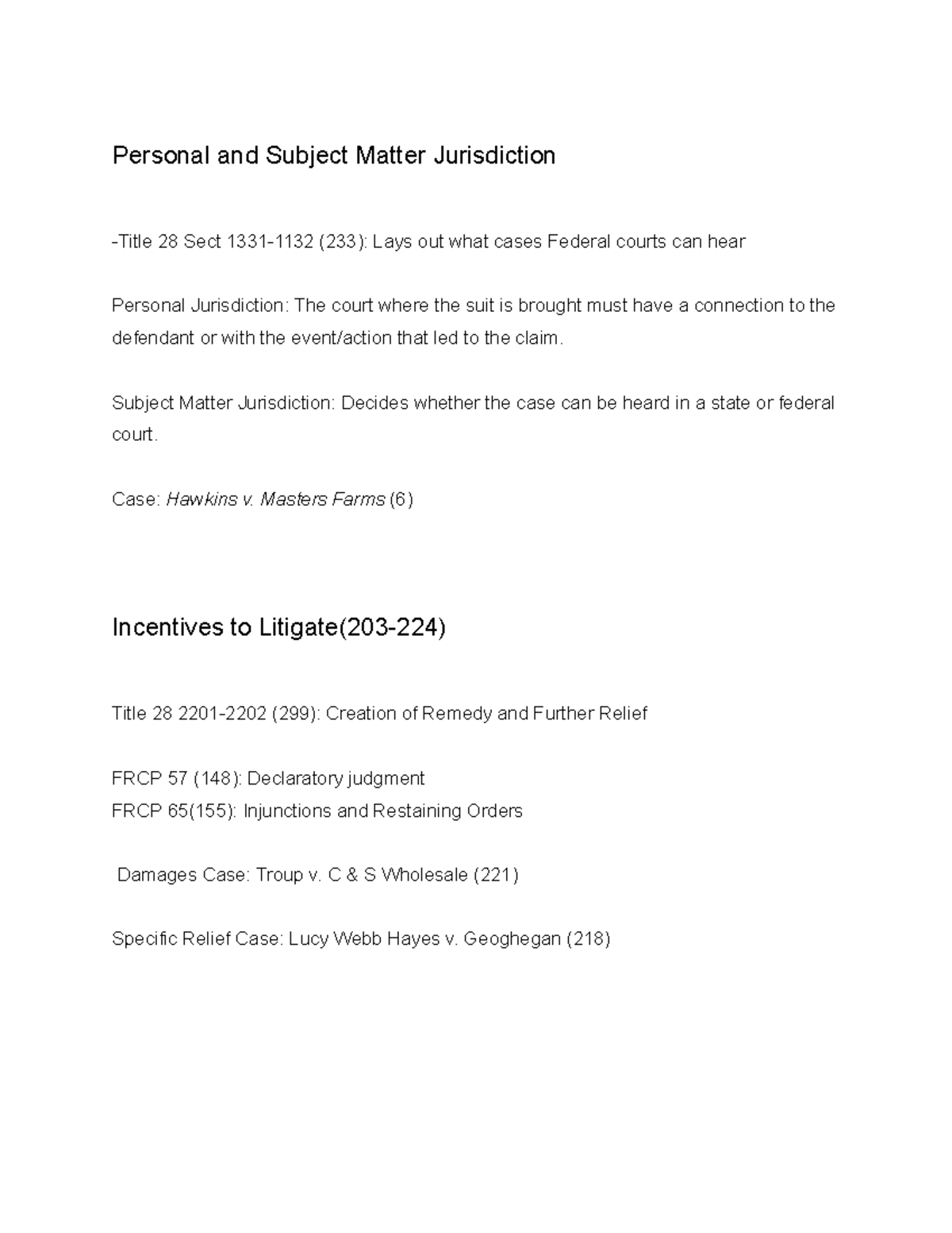 Civ Pro Outline - Personal and Subject Matter Jurisdiction -Title 28 ...